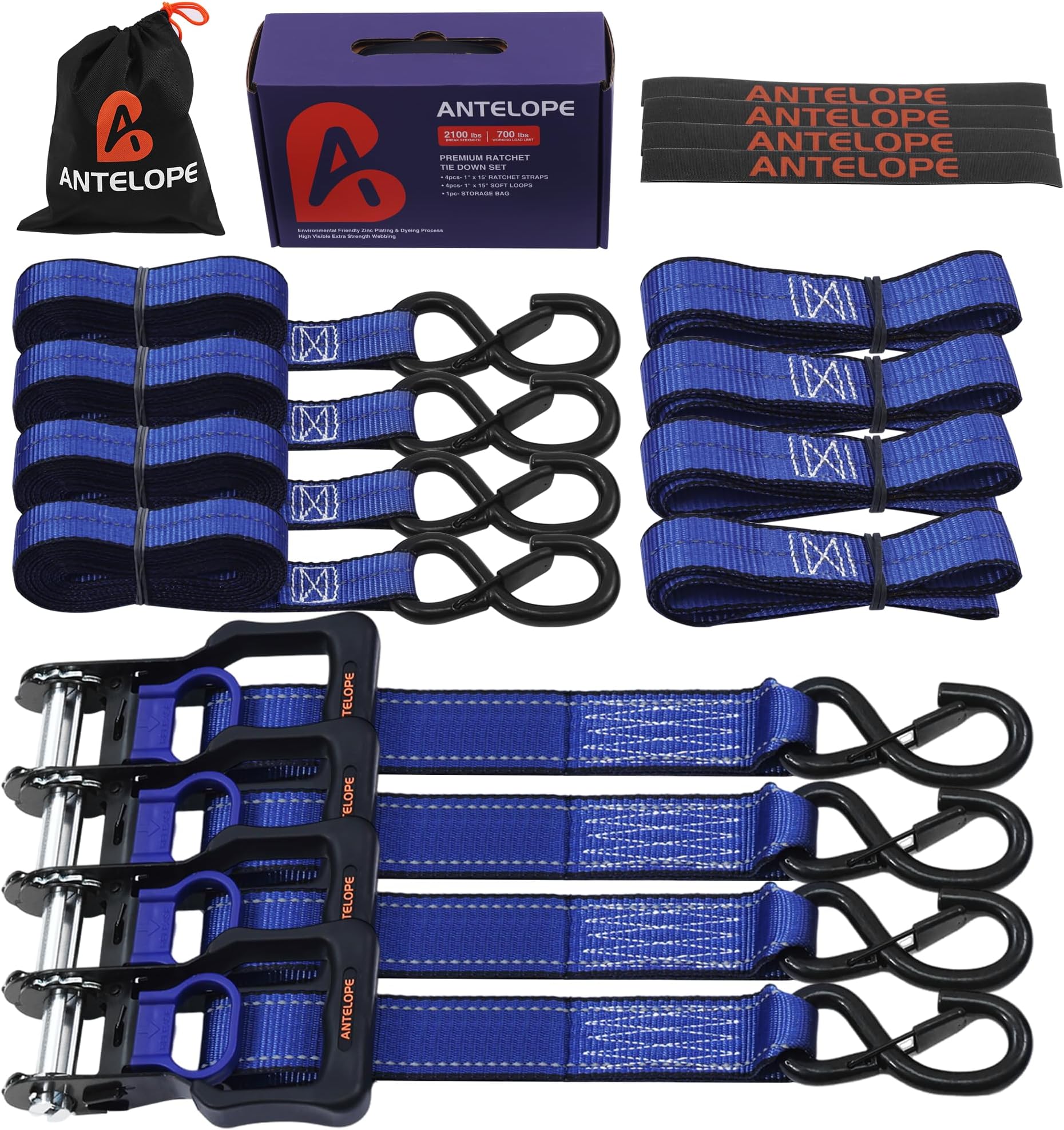Amazon.com: A ANTELOPE Ratchet Tie Strap Set of 4-2100 LBS Breaking ...