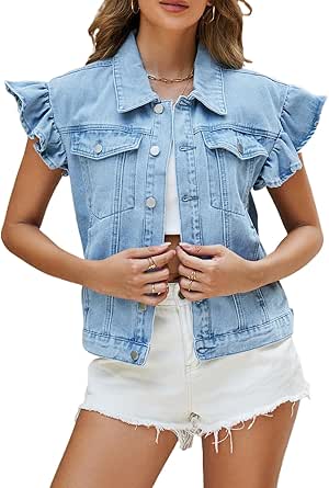 Ladyful Womens Denim Vest Top Ruffle Cap Sleeve Jean Vest Button Down Sleeveless Denim Jacket at ...