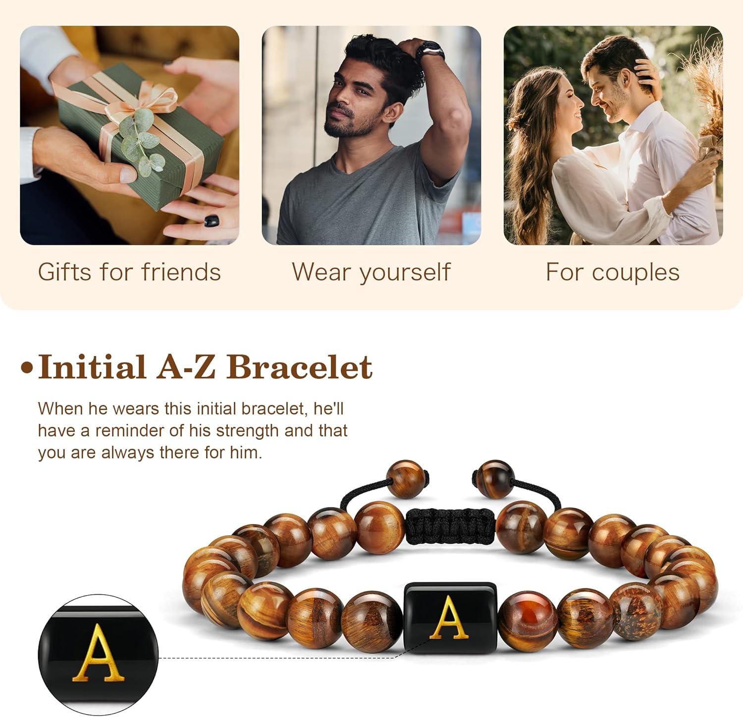 Initial Beaded Bracelets for Men - 8mm Natural Stone Beaded Bracelets ...