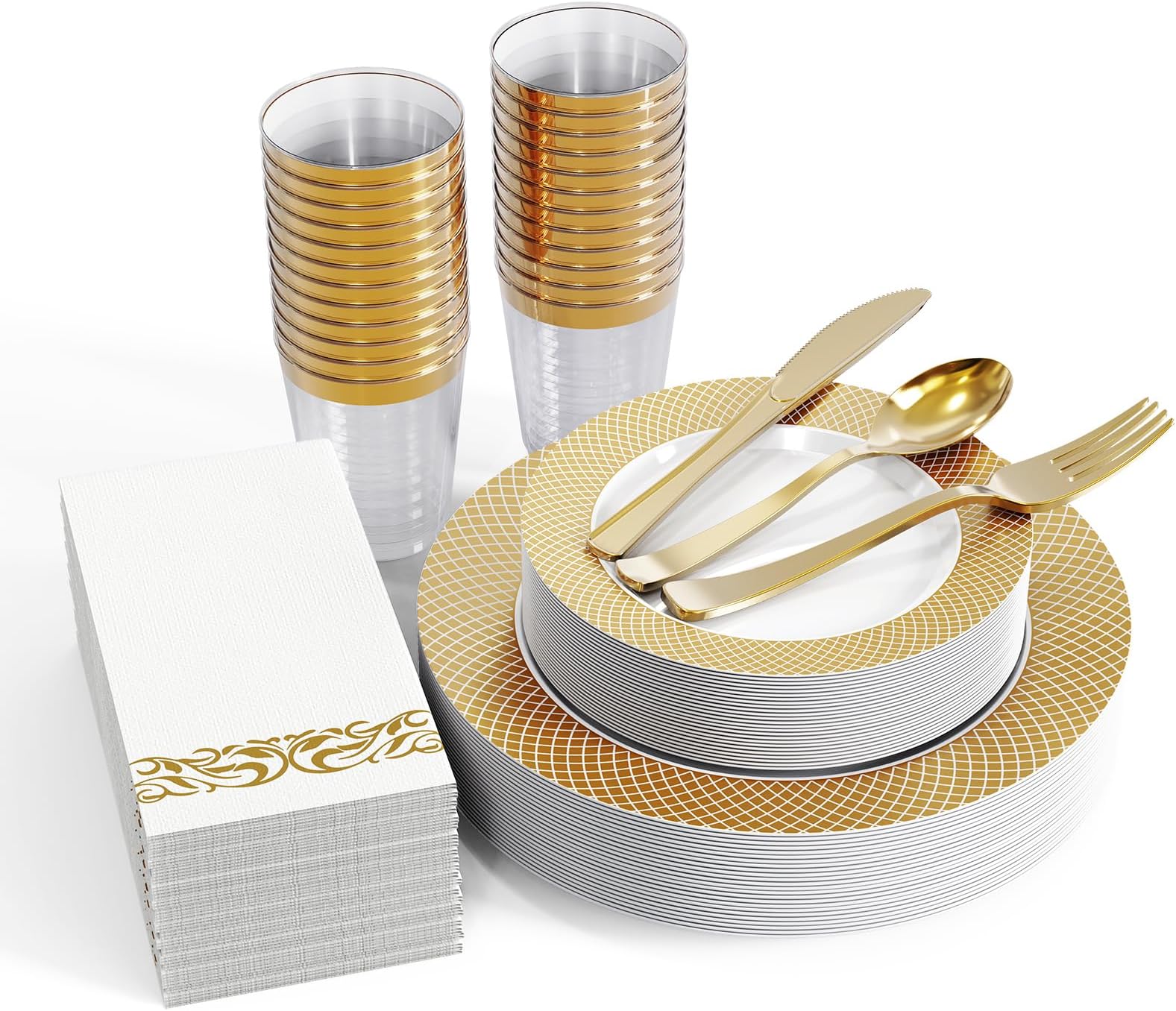 Amazon.com: 125 Piece Gold Dinnerware Party Set - 50 Gold Rim Clear ...
