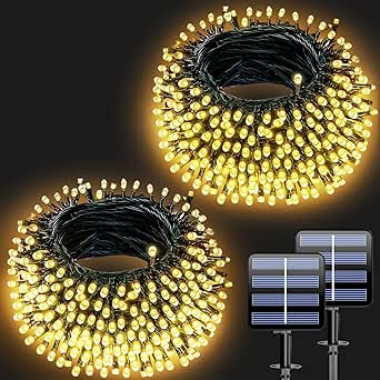 Solar String Lights, 2 Pack 33Ft Total 200LED Solar Christmas Fairy Lights, 8 Modes Waterproof ...