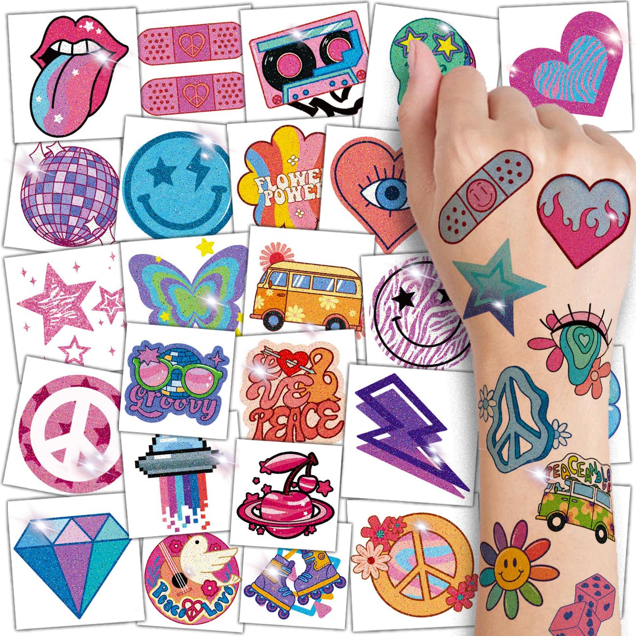 Amazon.com : CHARLENT Glitter Groovy 70s Temporary Tattoos for Kids ...