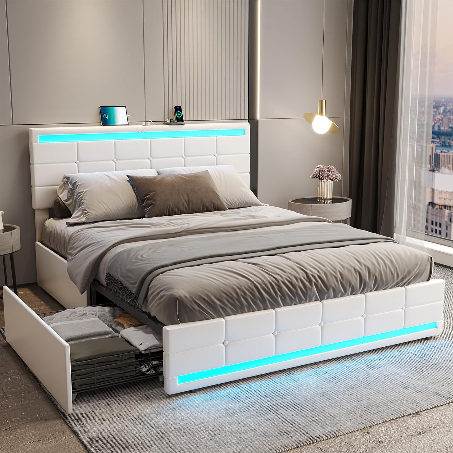 Amazon.com: ADORNEVE Full Size LED Bed Frame with 4 Storage Drawers, Pu ...