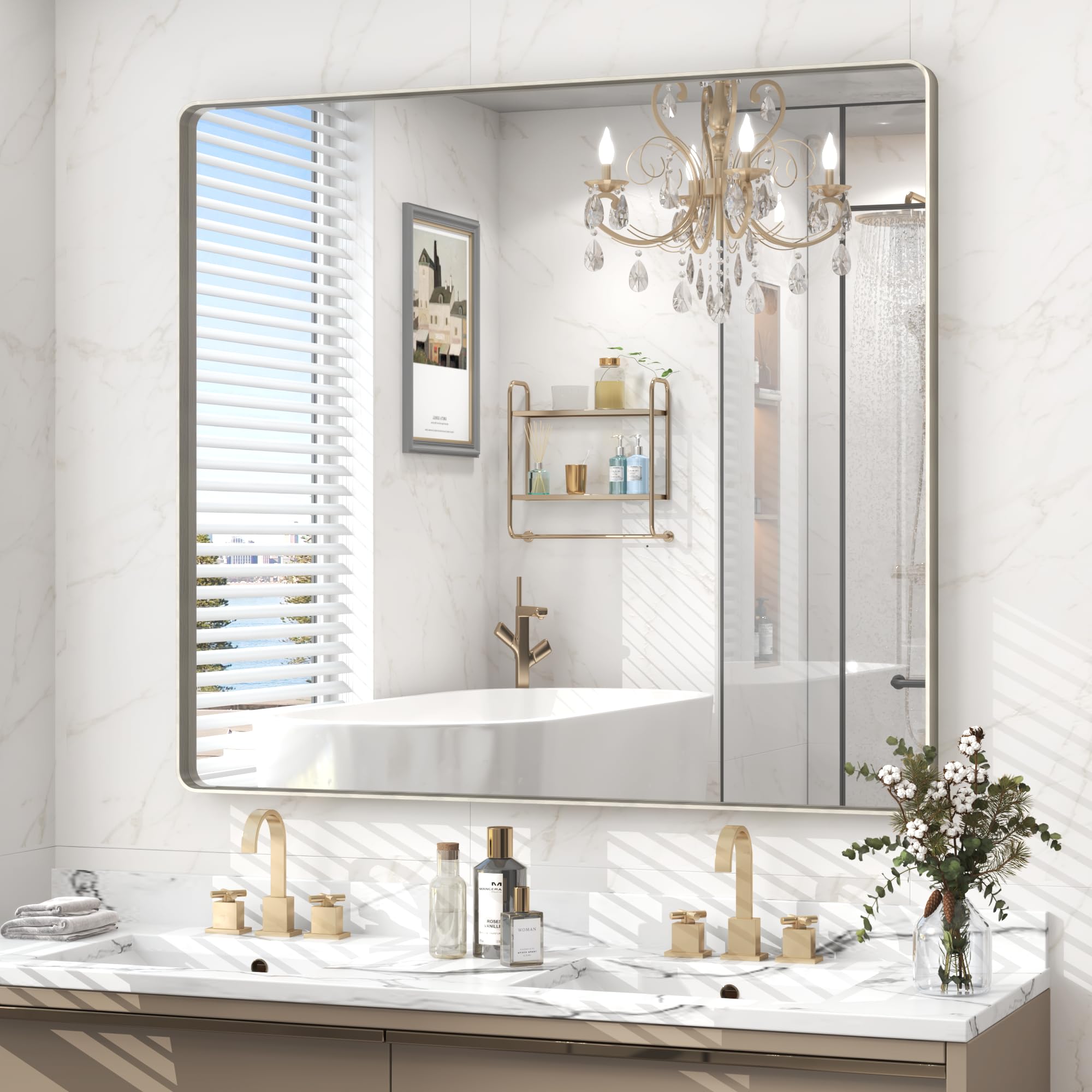 Amazon.com: 40x36 Inch Brushed Nickel Bathroom Mirror, Large Brushed ...