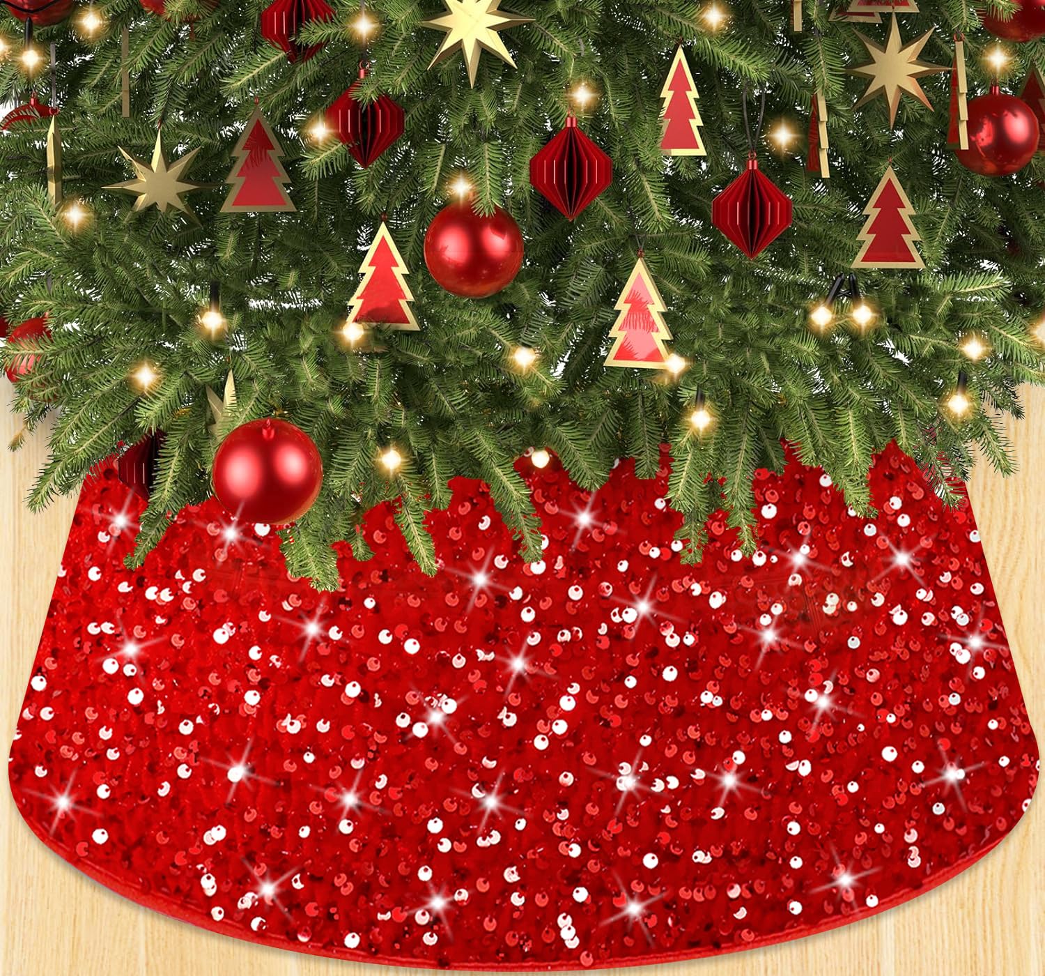 Amazon.com: WUPIOS Red Christmas Tree Collar Glitter Xmas Tree Ring 23. ...