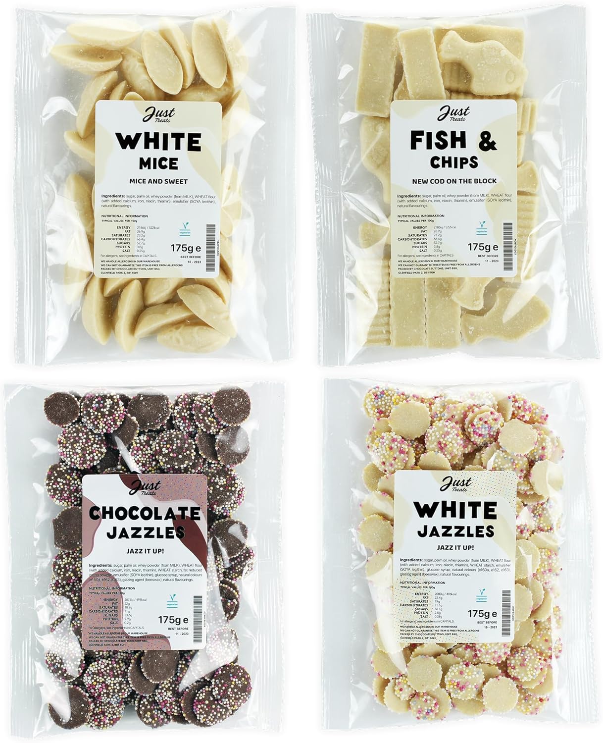 Just Treats Sweet Quartet - White Choc Mice, White Choc Fish n Chips ...