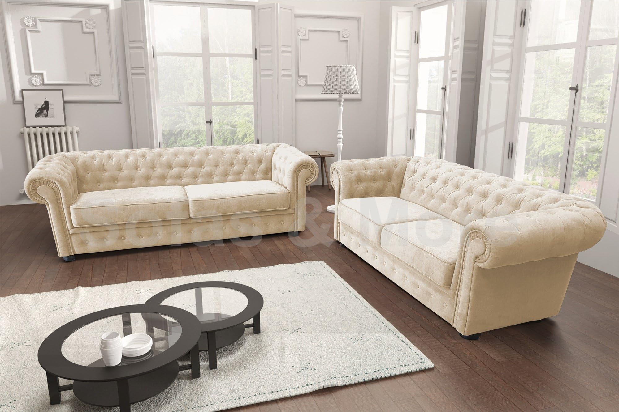 Chesterfield Style Corner Sofa Set 3+2 Seater Armchair Cream Fabric (3 ...