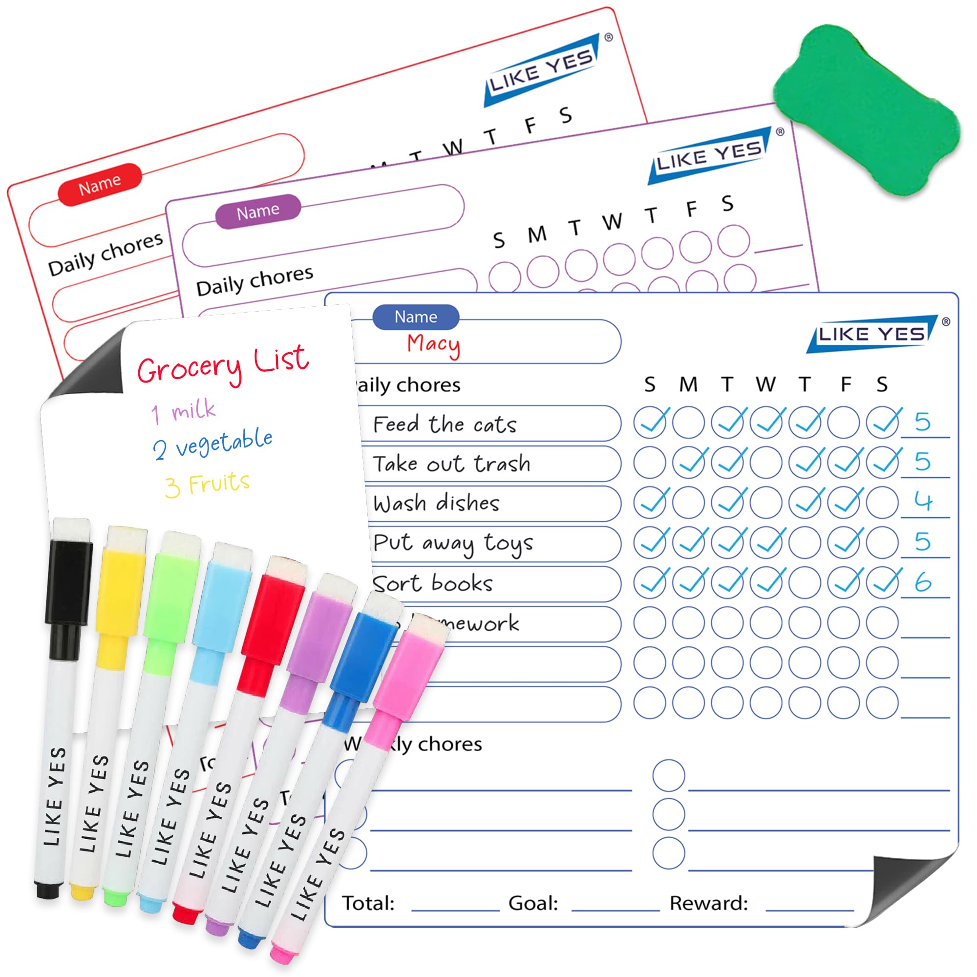 Amazon.com : Magnetic Dry Eraser Chore Chart for Multiple Kids - 3 Pack ...