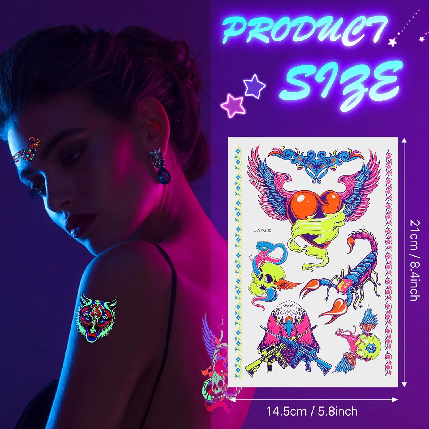 7 Sheets Halloween Neon Tattoos Glow in Dark Neon Party Decorations ...