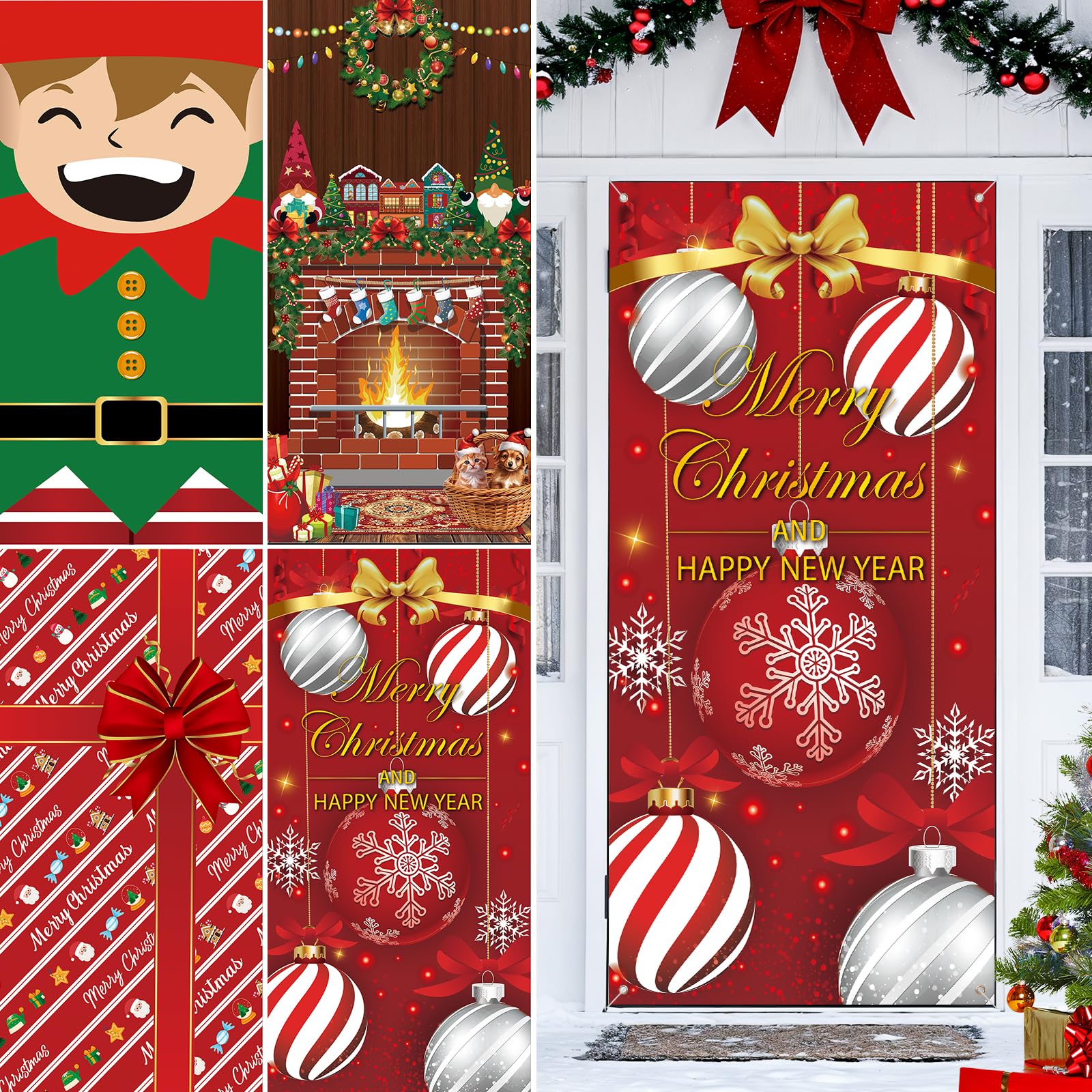 Amazon.com: 4pcs Christmas Door Cover Decorations, Xmas Red Door Banner ...