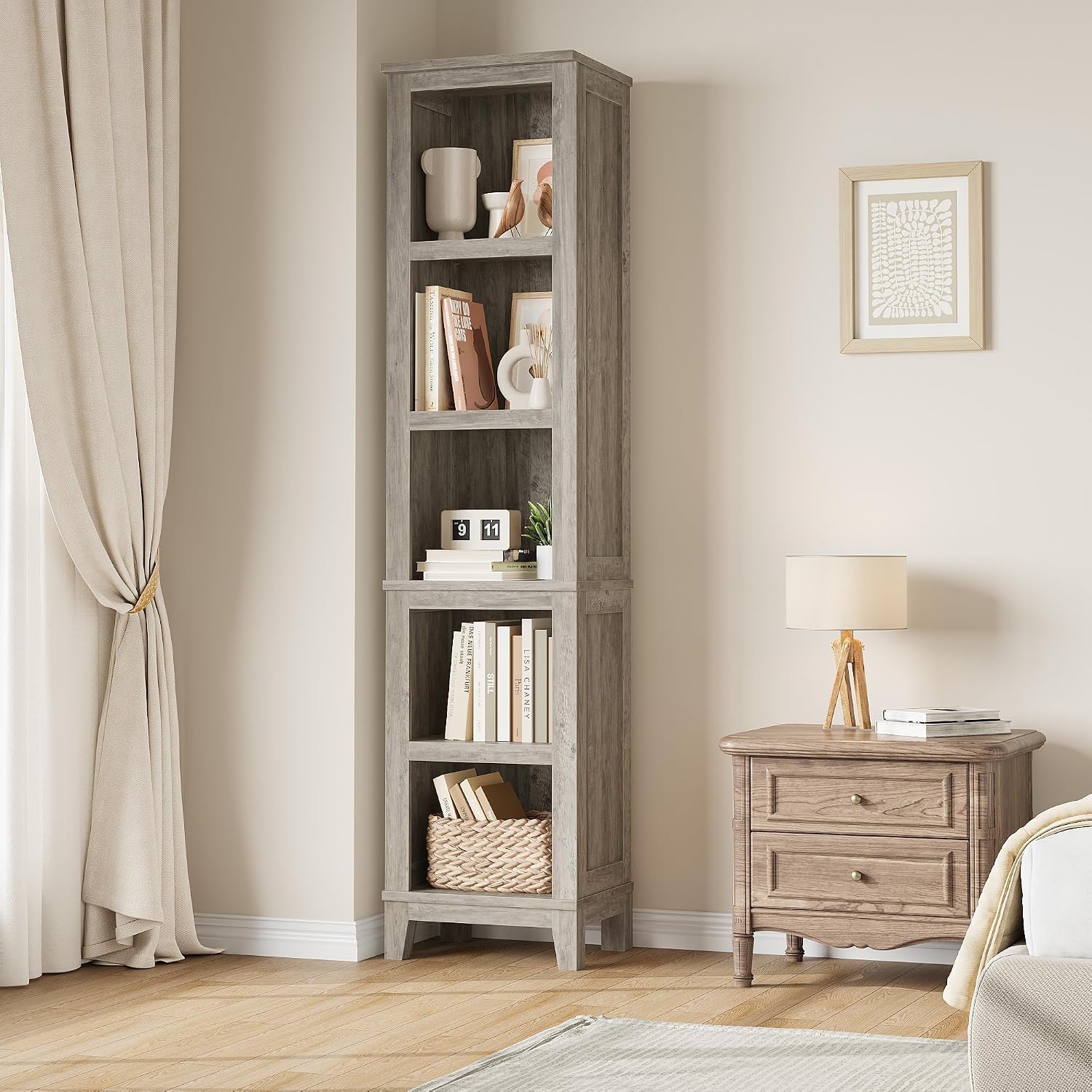 Amazon.com: ElfinAura Narrow 5 Tier Bookcase Tall Farmhouse Bookshelf ...