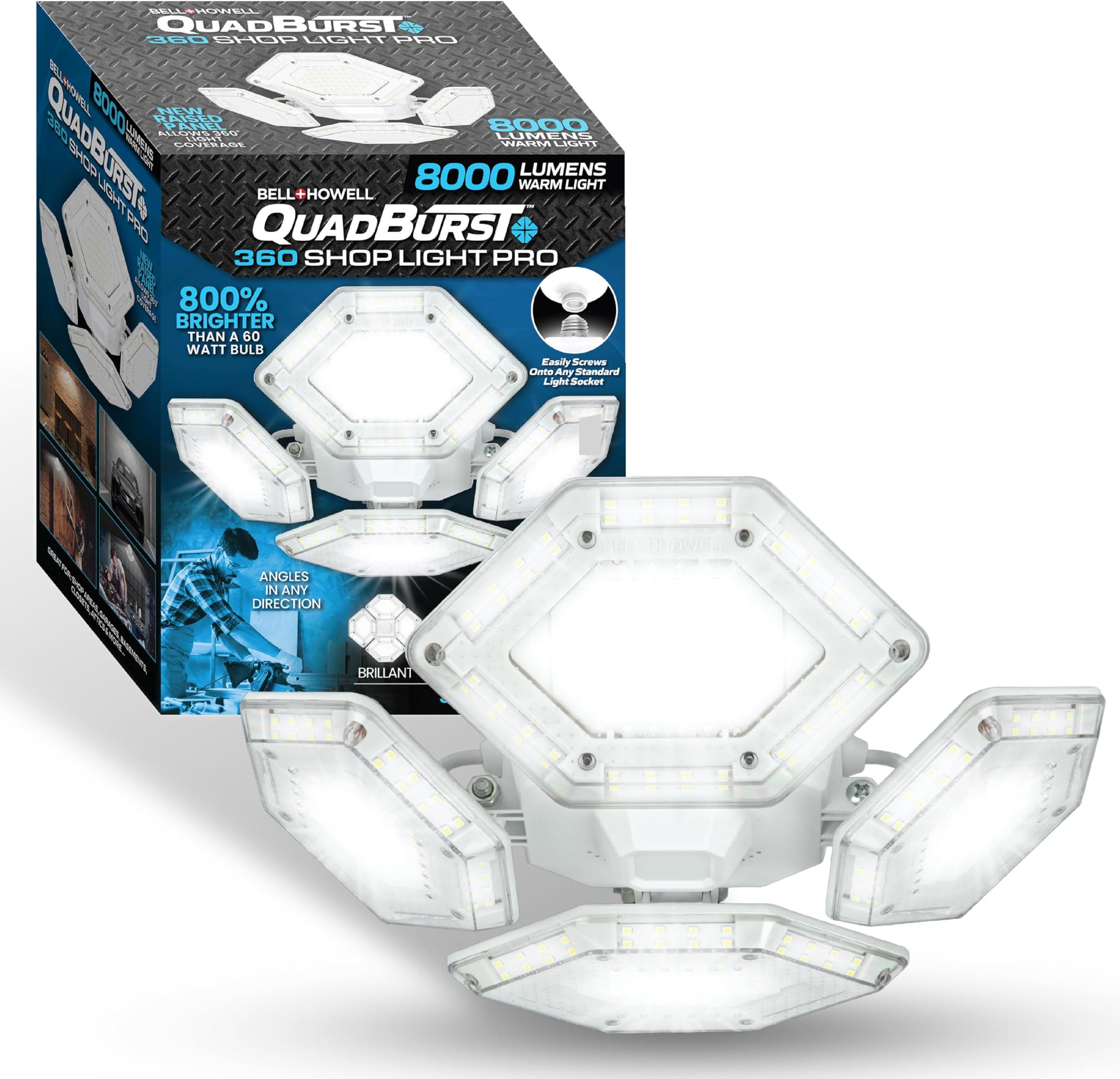 Bell+Howell QuadBurst 360 Shop Light Pro – Ultra-Bright 8000 Lumens, 4 ...