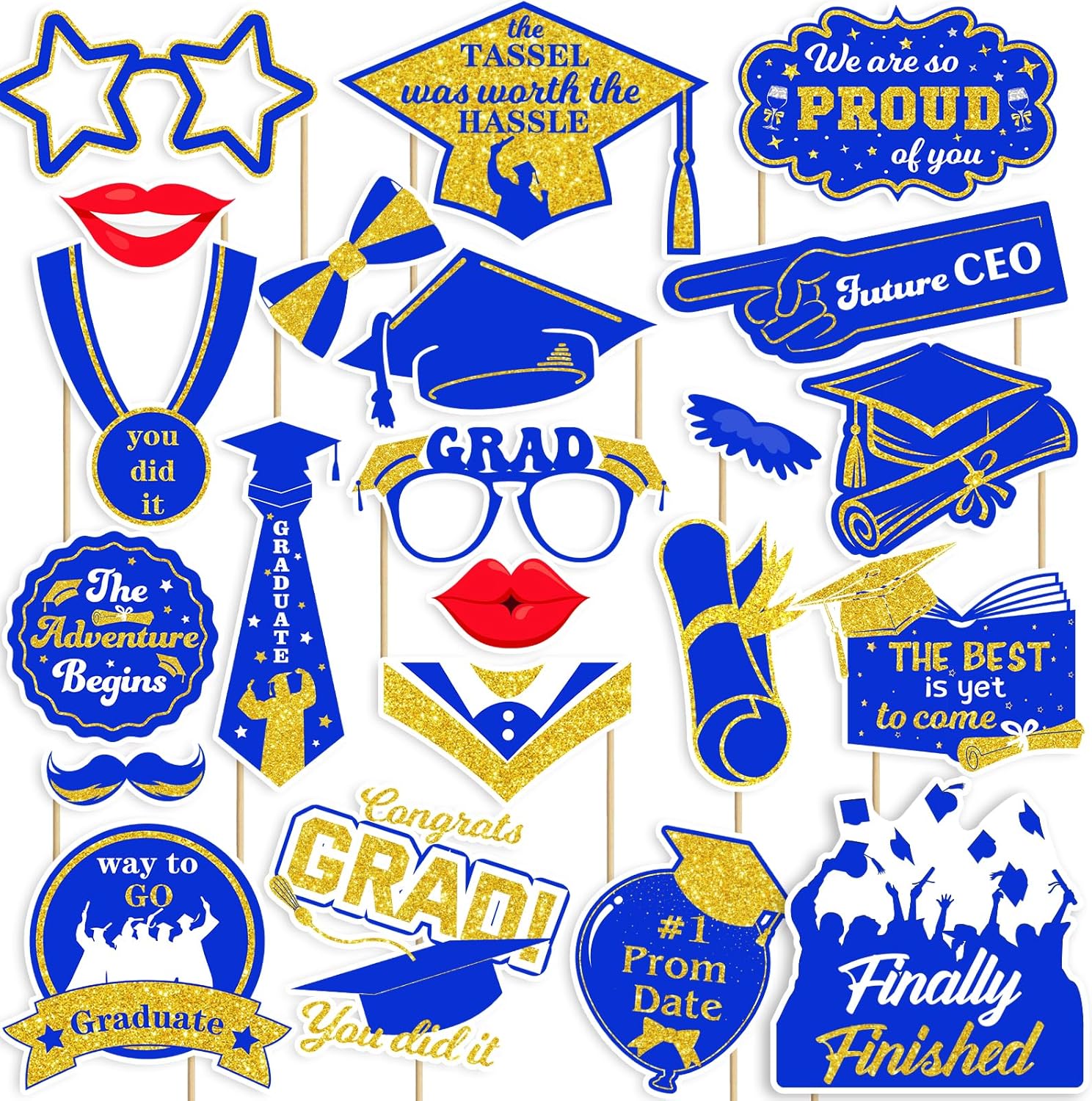 Amazon.com: 22 Pcs Graduation Photo Booth Props 2025 - Royal Blue Gold ...