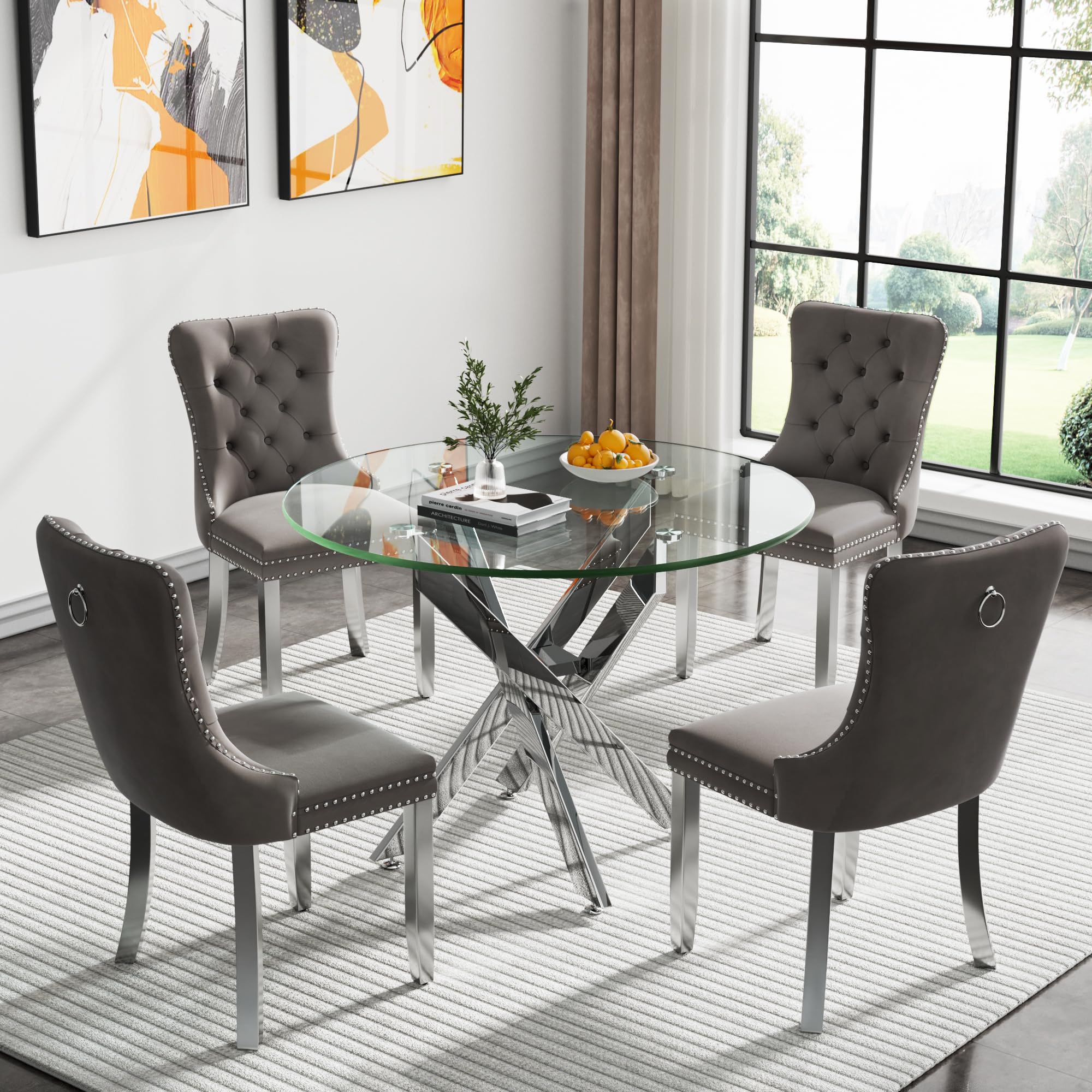 Amazon.com - KUVADAZ 36" Modern Silver Glass Dining Room Table Set for ...