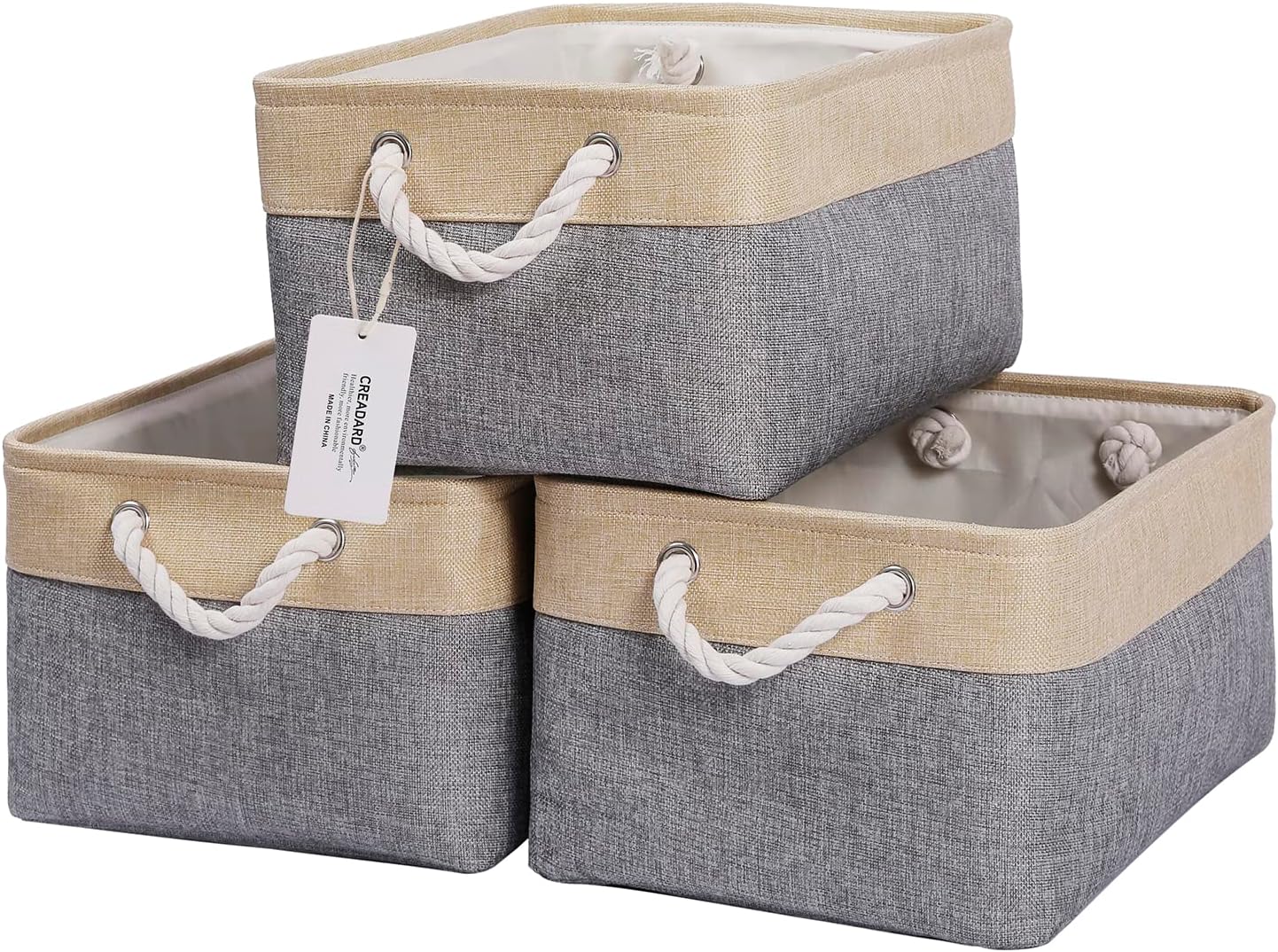 CREADARD Fabric Storage Basket Set of 3, Foldable Linen Storage Box for ...