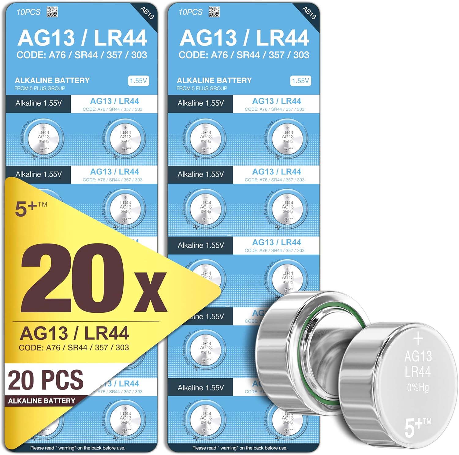 5Plus Group 20 Pcs LR44 AG13 357 303 SR44 A76 Battery 1.5V Button Coin ...