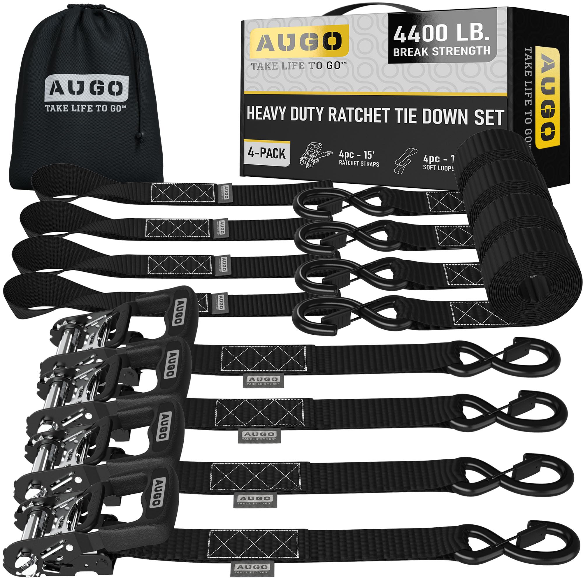 Amazon.com: AUGO Heavy Duty Ratchet Straps & Soft Loops – Pack of 4 ...