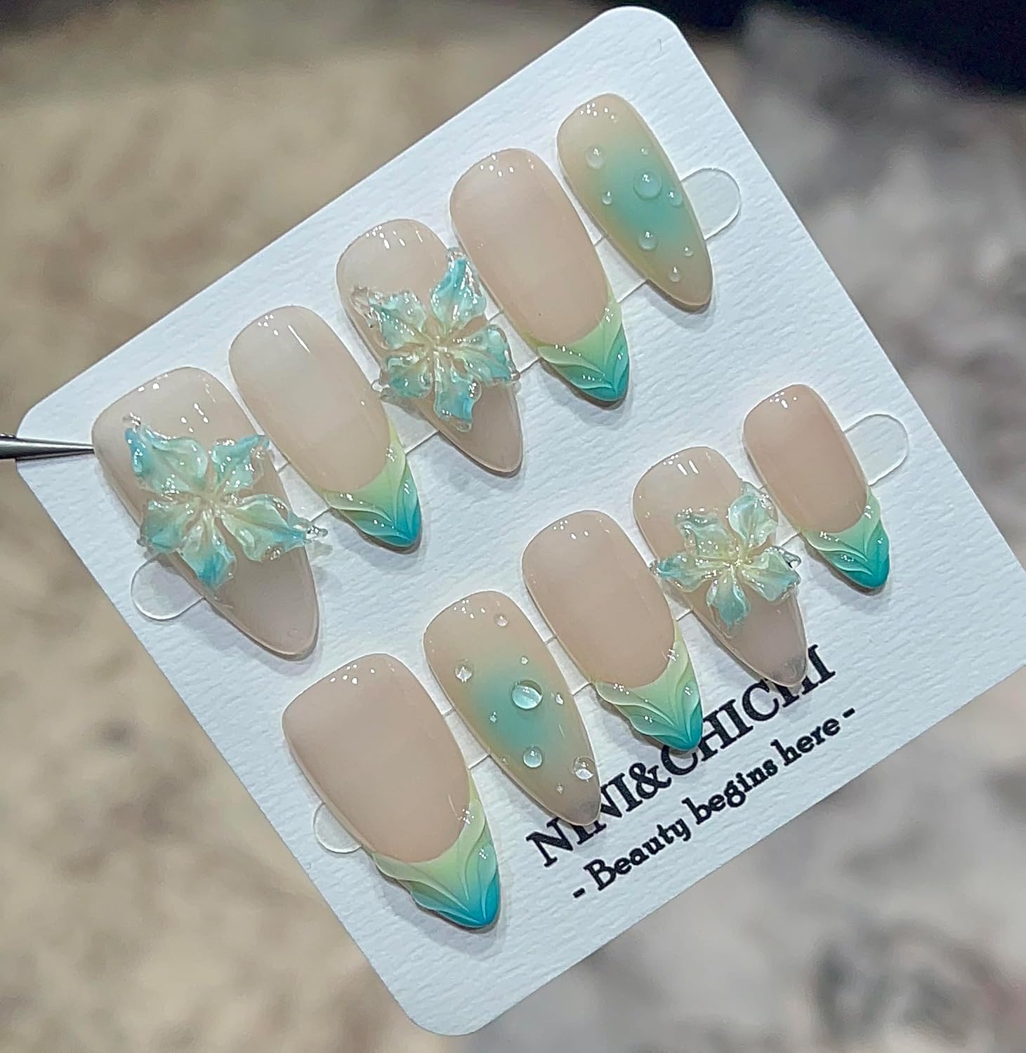 Amazon.com: Custom Handmade Press On Nails Cyan French 3D Flower Bubble ...
