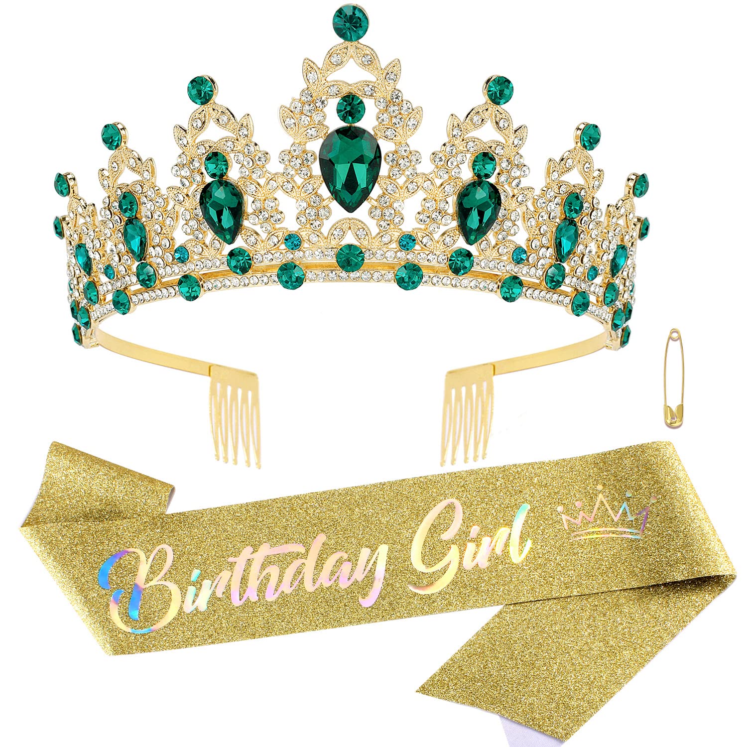 Amazon.com : SuPoo Green Birthday Tiara and Sash Kit - Rhinestones ...