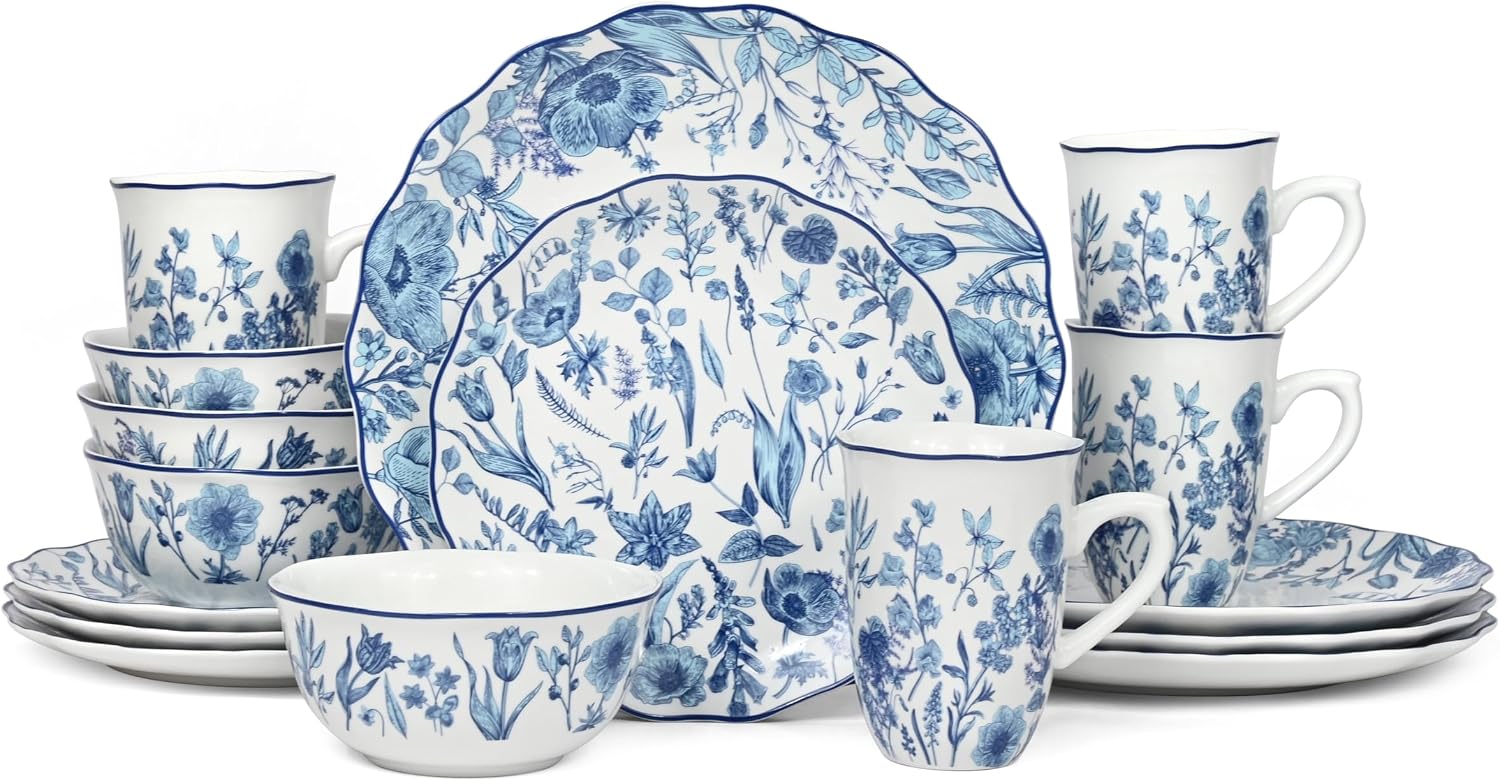 Waterside 16pc Premium Blue Floral Porcelain Dinner Set; 4 Dinner ...