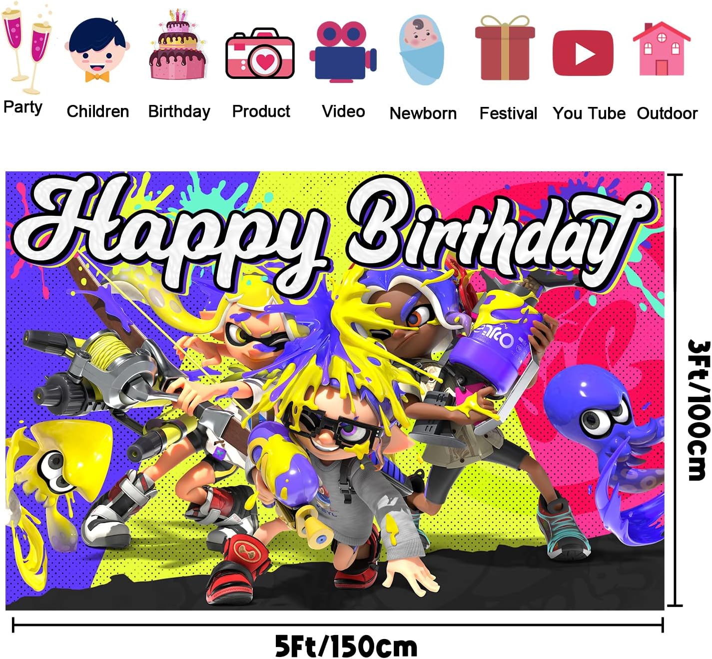 Buy Splatoon Birthday Party Supplies, 5x3 Ft Splatoon Birthday Backdrop ...