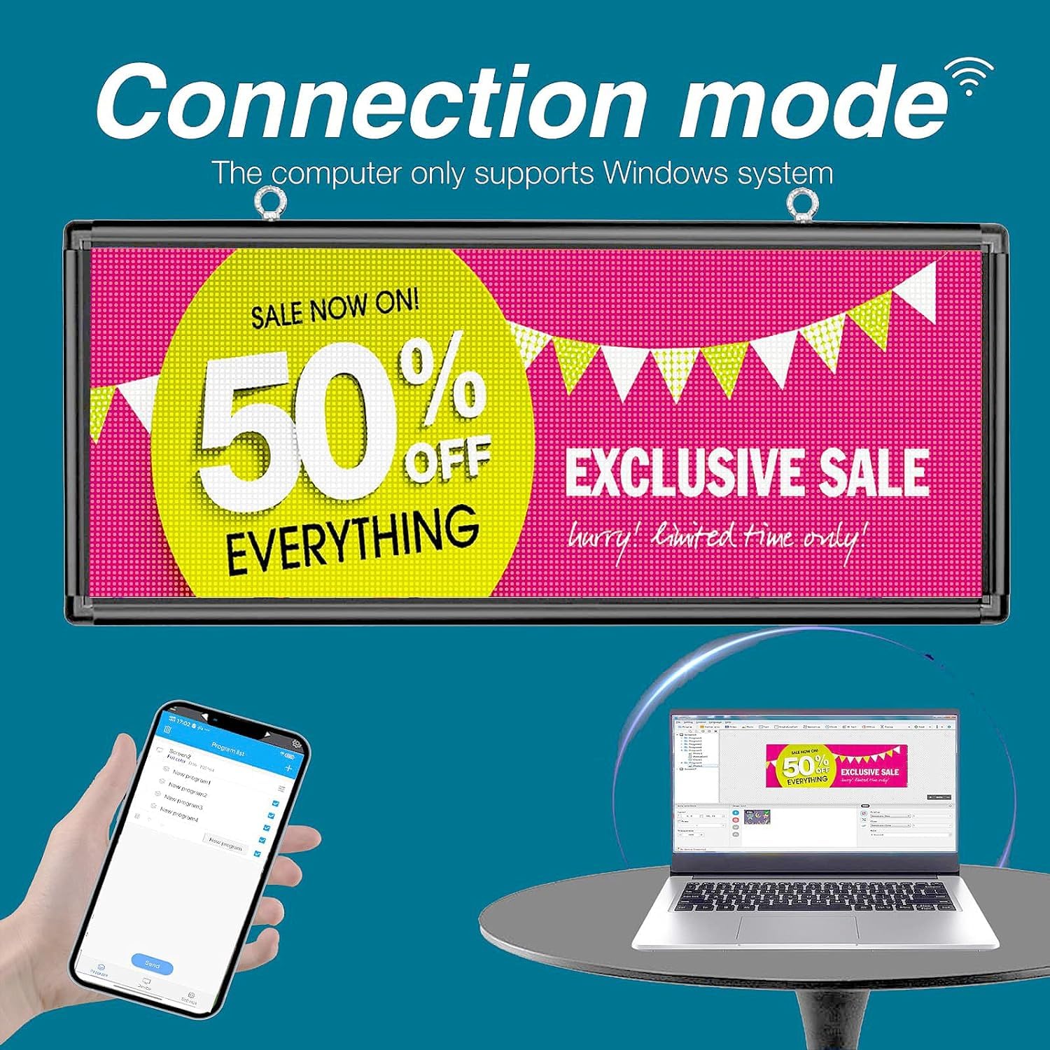 P5 LED Scrolling Sign WiFi + USB Programmable, RGB Full Color 39'' x ...