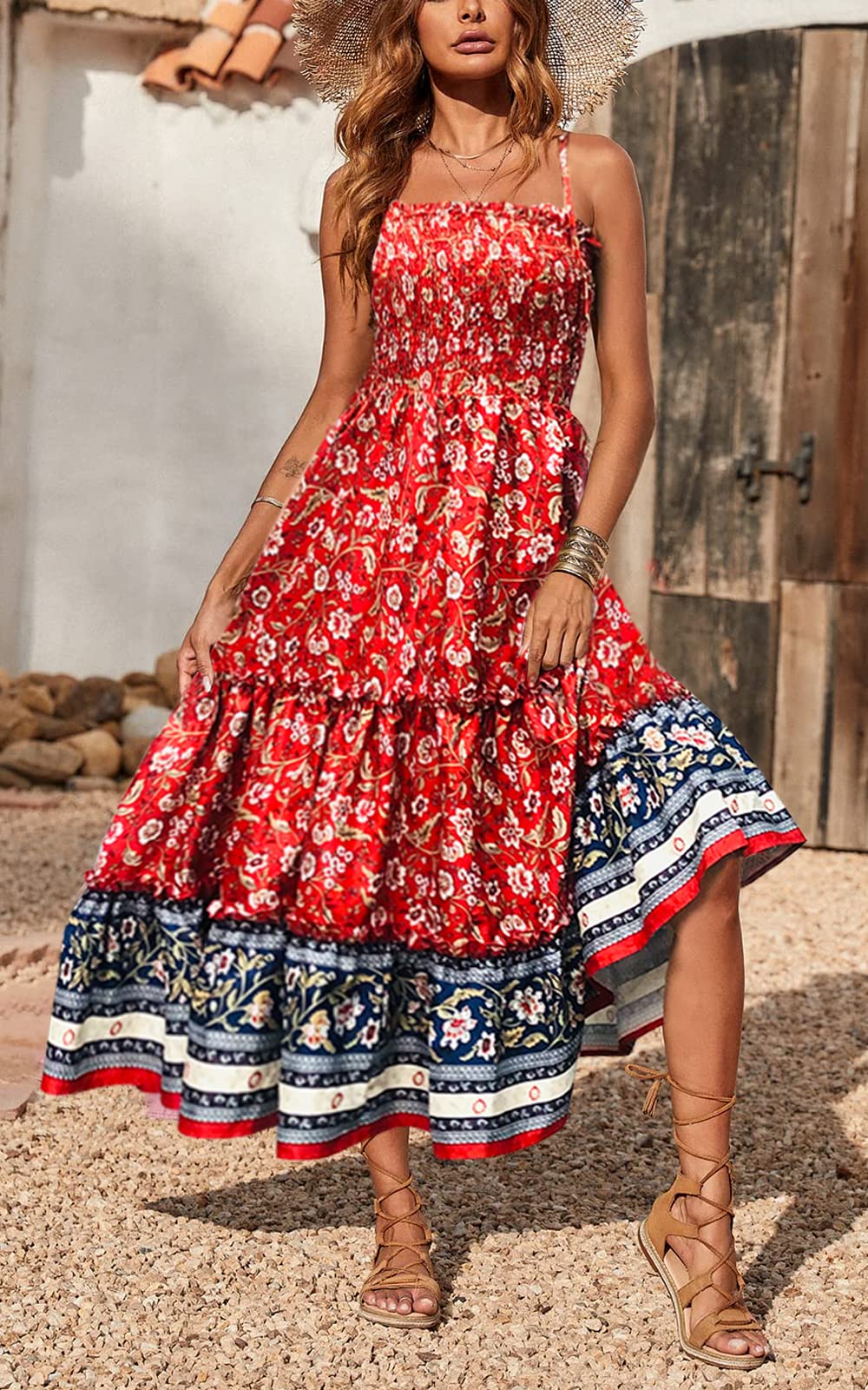 Fashionme Women Floral Boho Summer Flowy Midi Dress Elastic Shirred ...