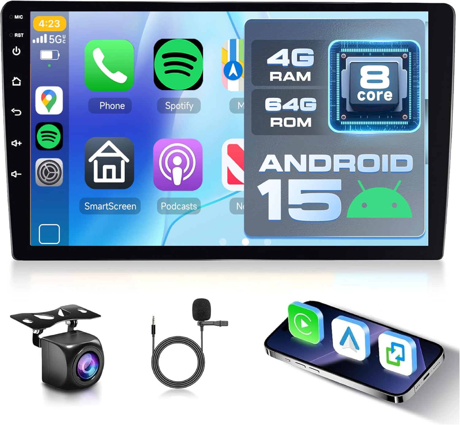 [4G+64G] 8 Core Android Car Radio Double DIN, 10.1 Inch Touch Screen ...