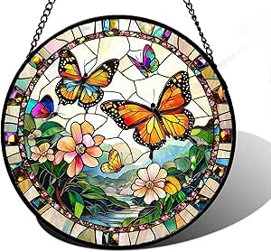 Amazon.com: DASTOLL Stained Glass Window Hanging, Butterflies Flying in The Sky Suncatcher for ...