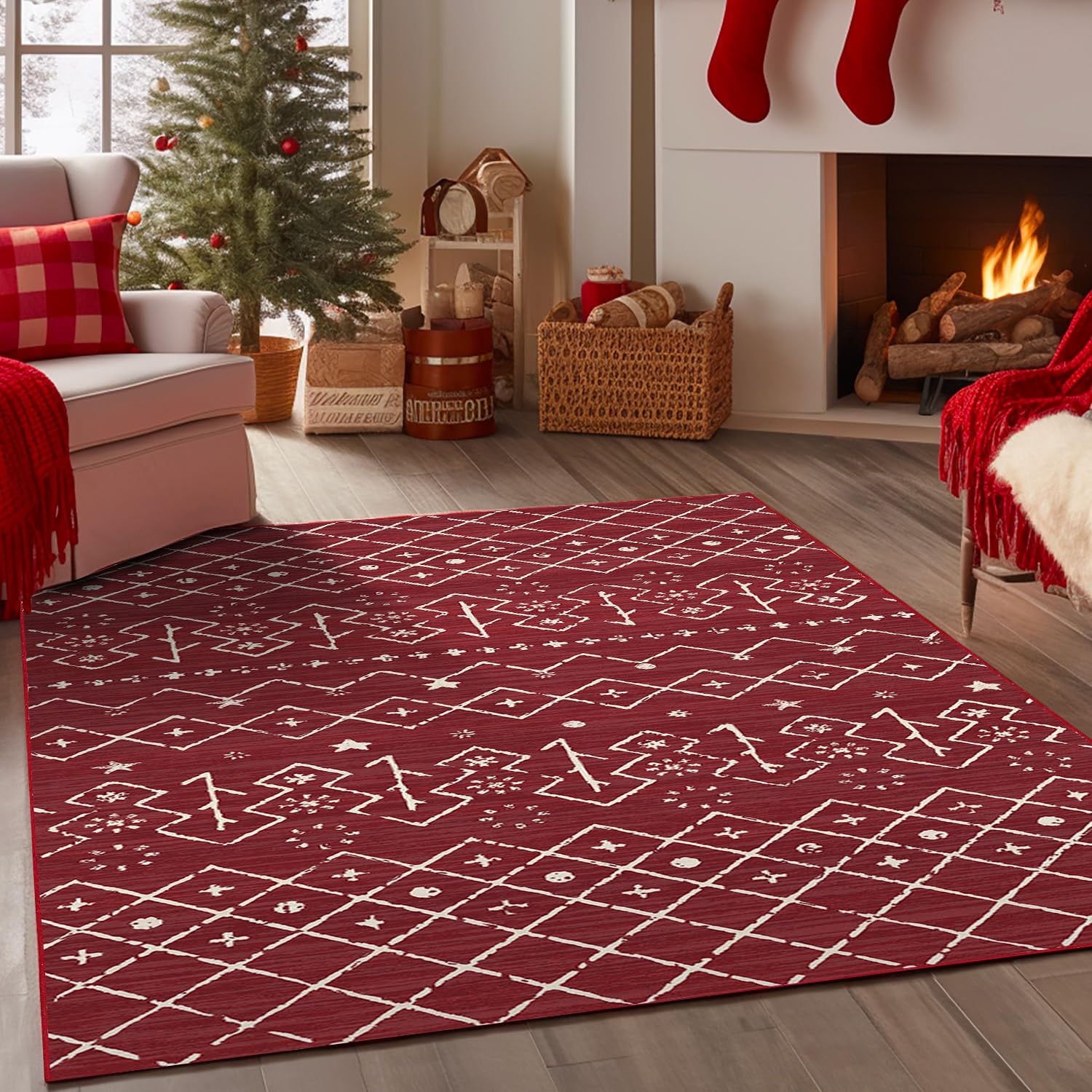 Vangao Christmas 5x7 Burgundy Red Tree Area Rug for Living Room ...