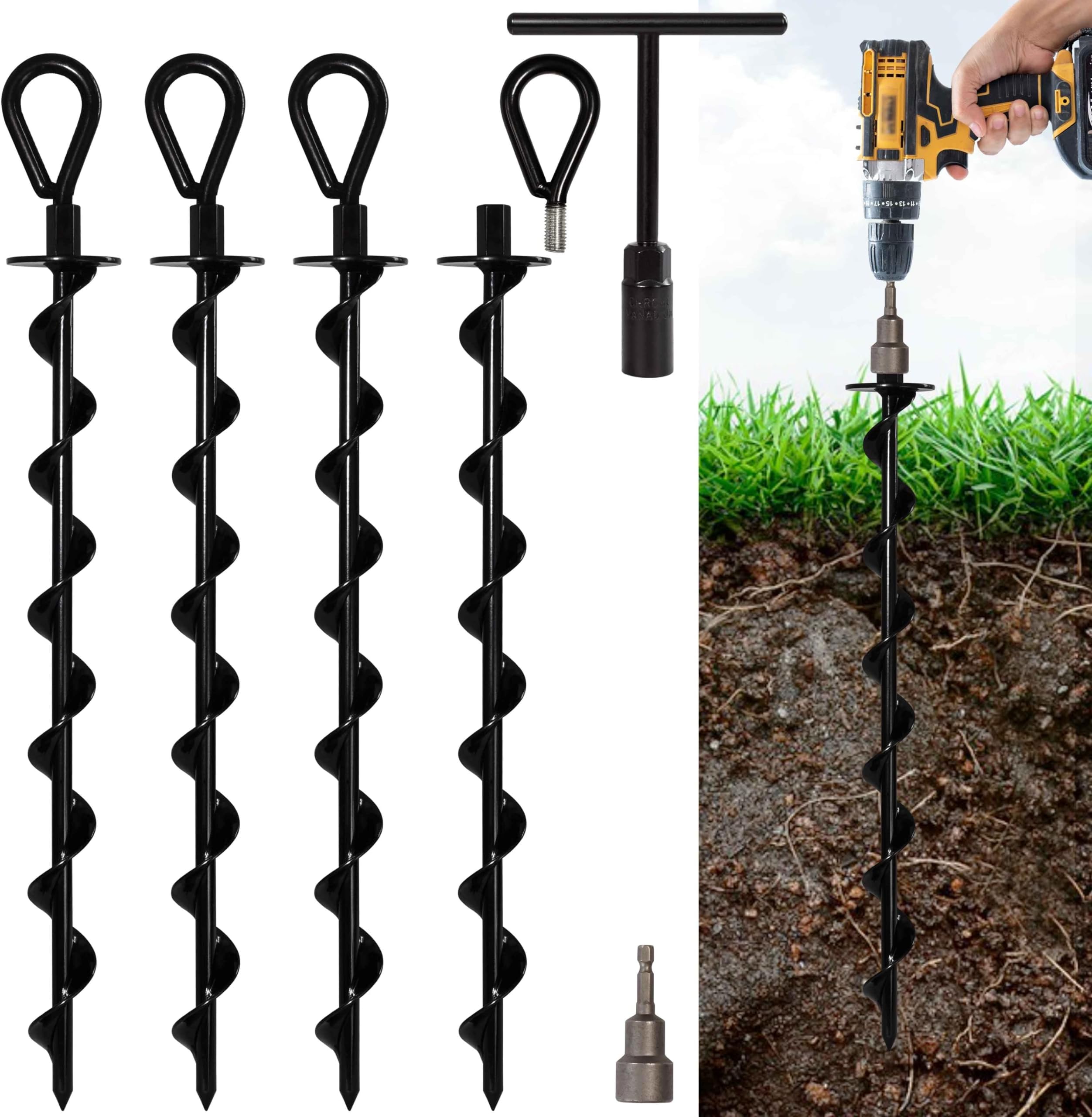 Amazon.com : VASGOR 18" Ground Anchors (4pcs) Easy to Use with Drill ...