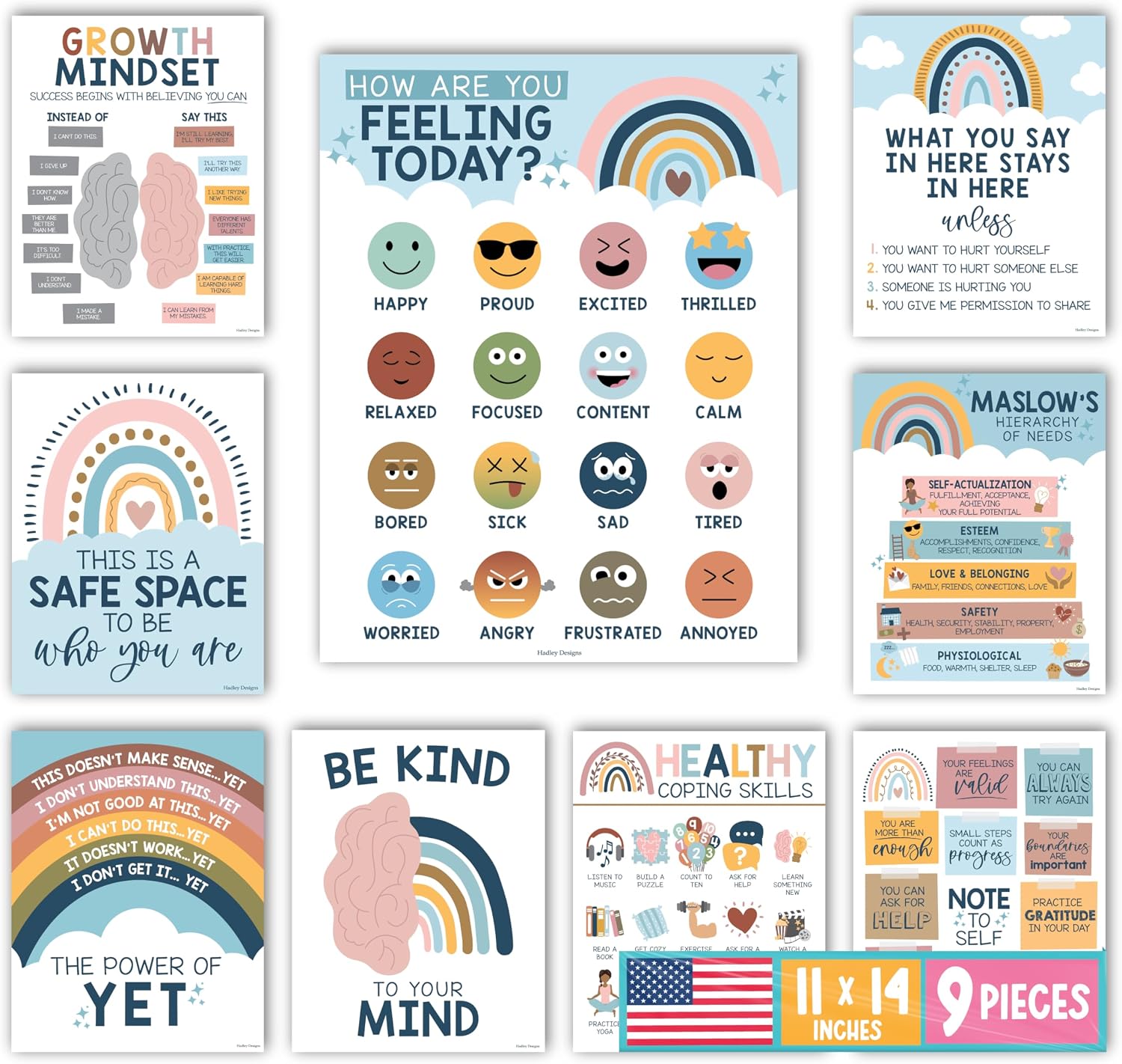 Hadley Designs 9 Boho Mental Health Posters For Classroom Elementary ...