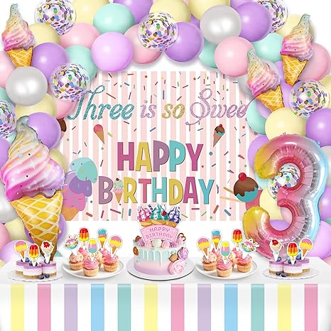 Amazon.com: Three is So Sweet Ice Cream Balloon Garland with Birthday ...
