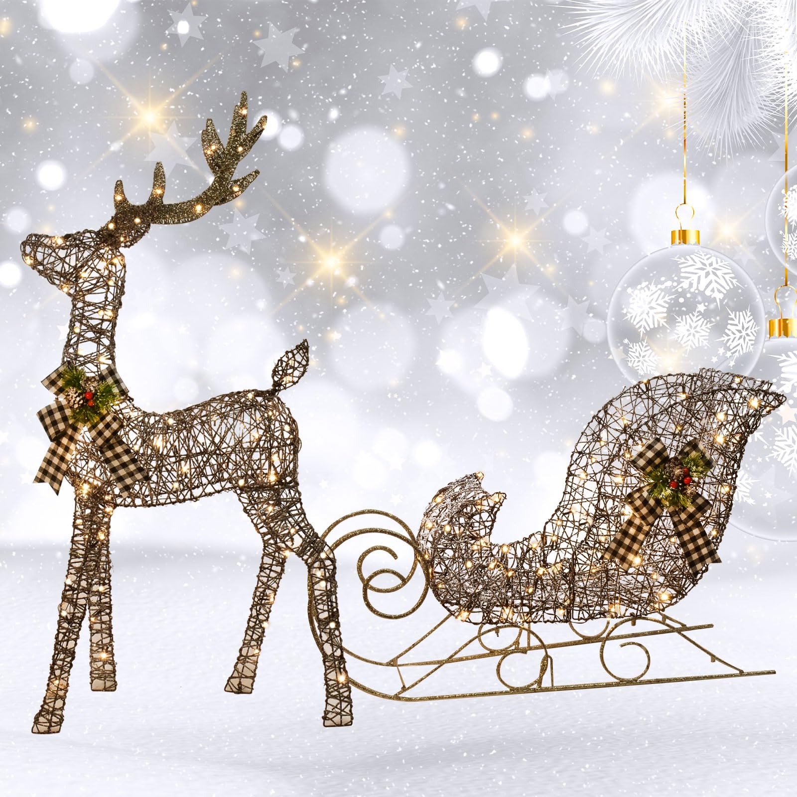 Amazon.com: Lighted Christmas Decorations Deer & Sleigh 2 Pcs - HOYECHI ...