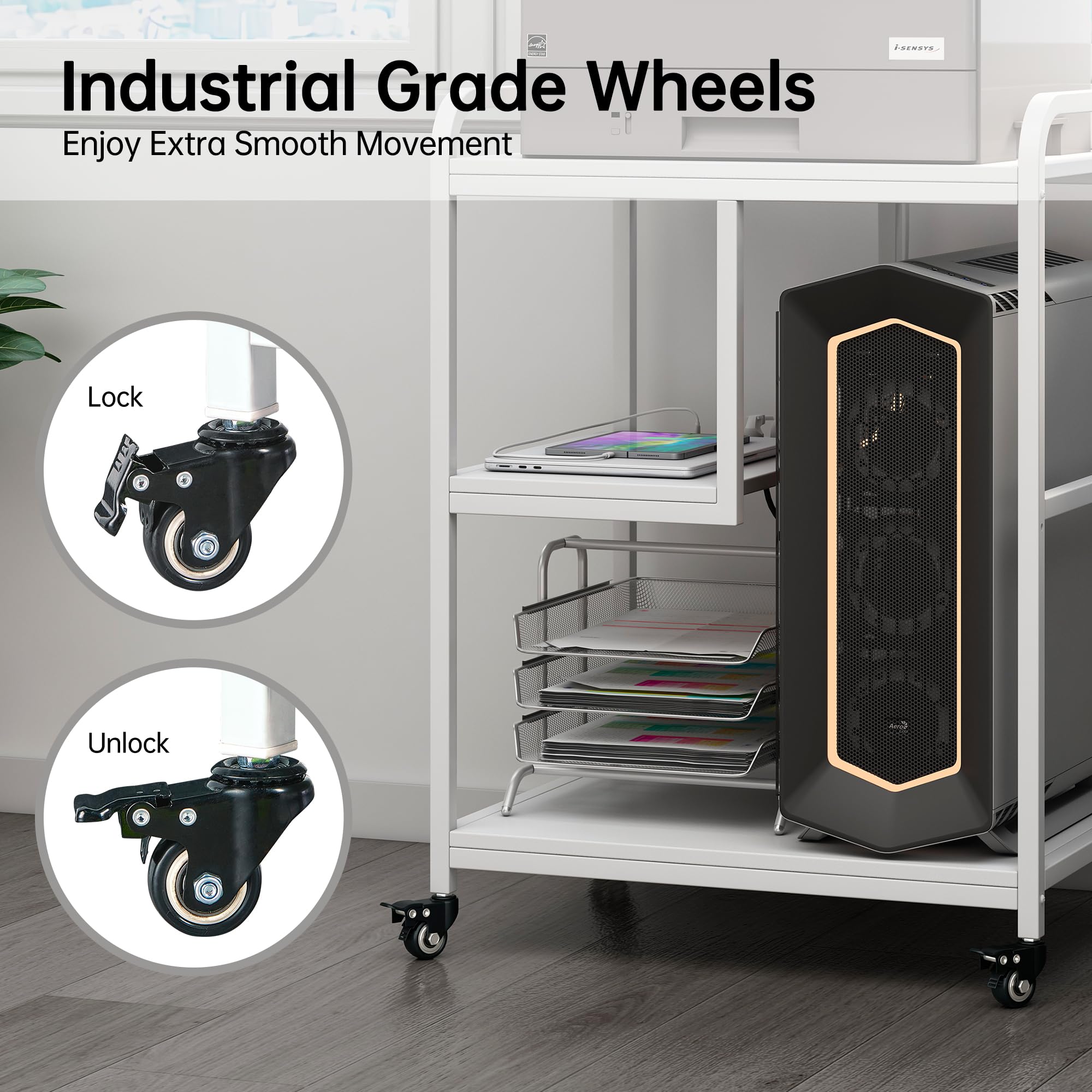 Large Printer Stand with Charging Station, Rolling Printer Cart with ...