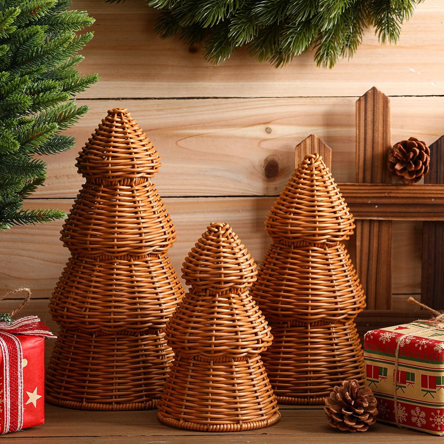 Bucherry 3 Pcs Rattan Christmas Tree Decor Rustic Christmas Tabletop ...