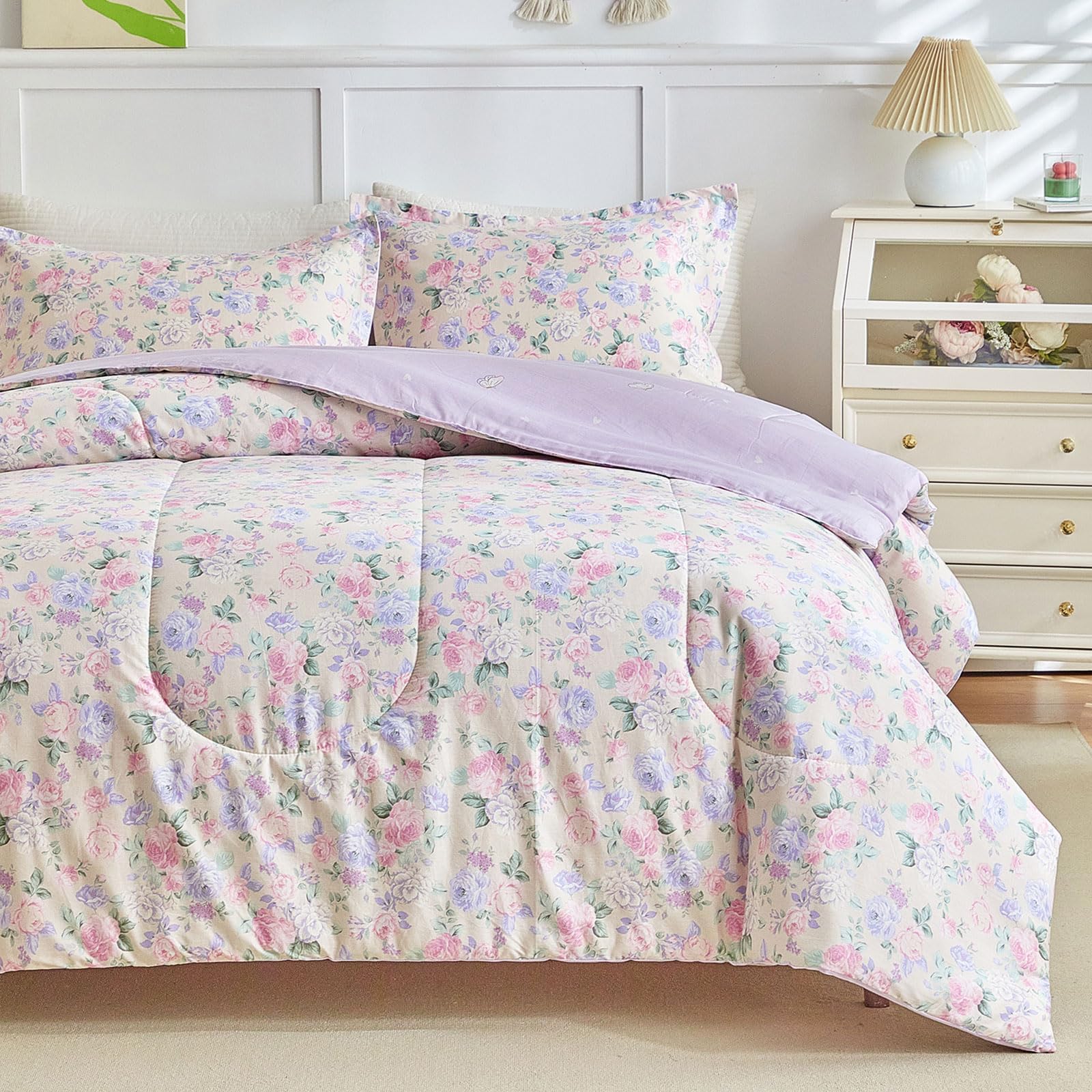 Amazon.com: Joyreap 3pcs Floral Cotton Comforter Set for Girls, Pink ...