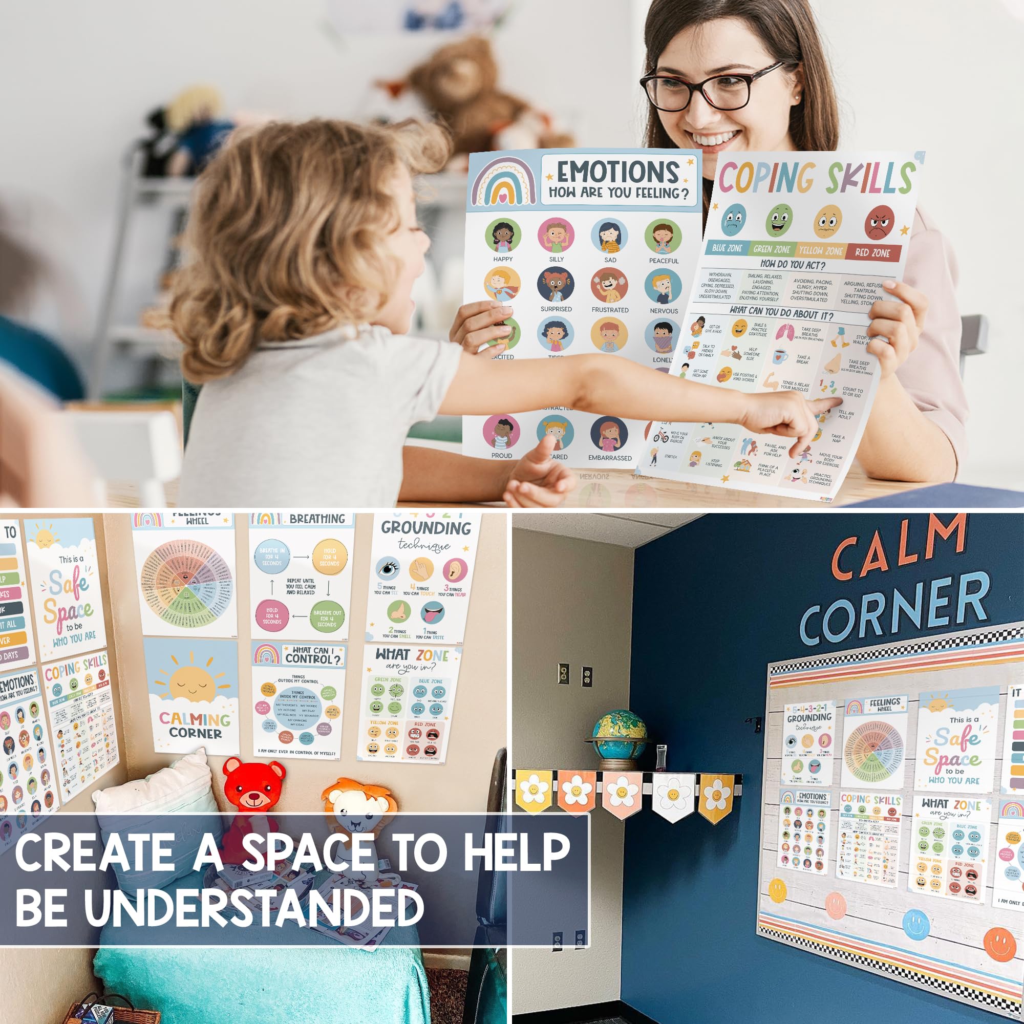 Snapklik.com : 12 Boho Calming Corner Classroom Posters - Feelings Wheel Chart & Emotions Poster ...