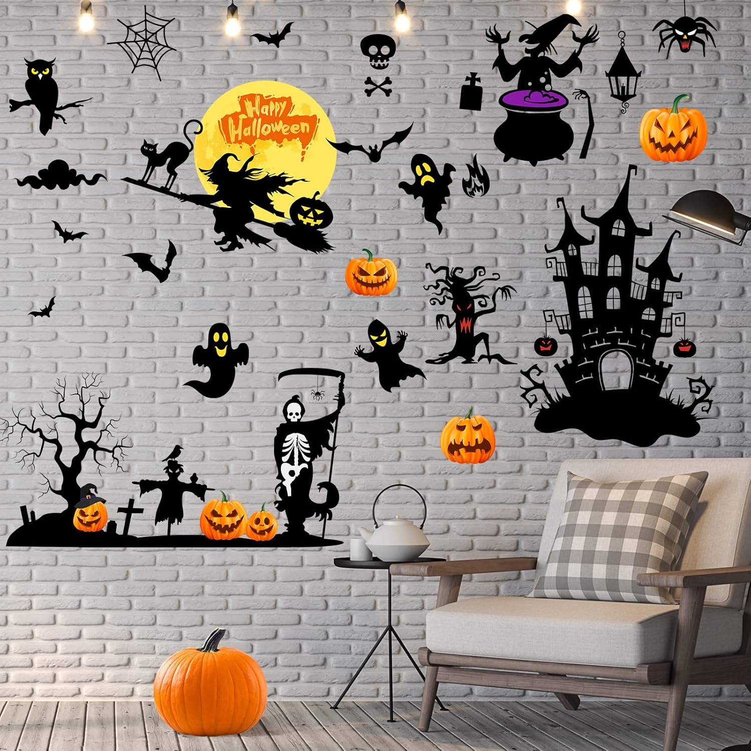 Amazon.com: 6 Sheets Halloween Wall Decals Black Bats Witch Ghost ...