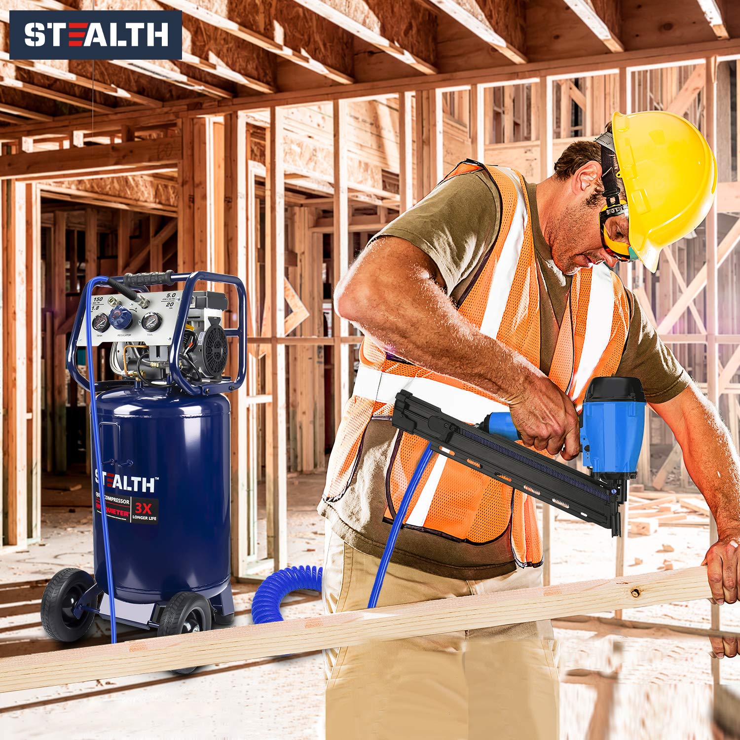 Stealth 20 Gallon Ultra Quiet Air Compressor,1.8 HP Oil-Free Peak 150 ...