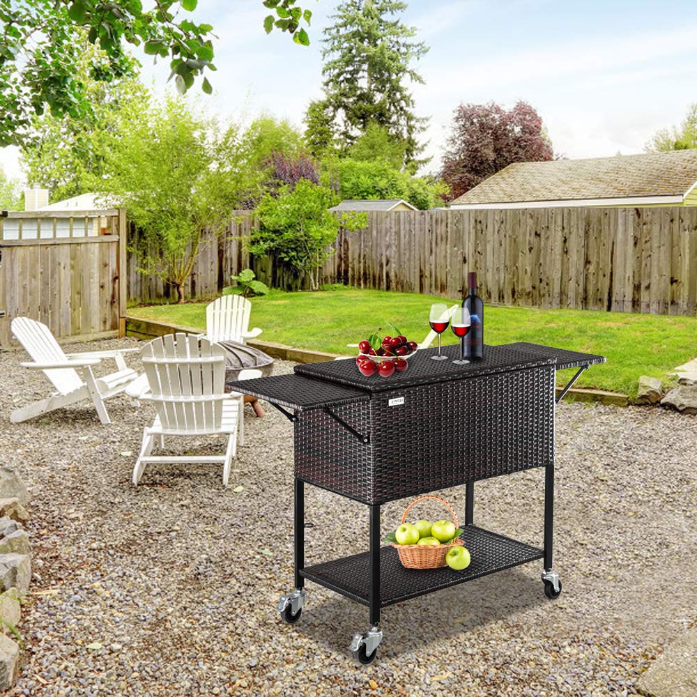VINGLI 80 Quart Rattan Rolling Cart, Portable Wicker Cooler Trolley ...