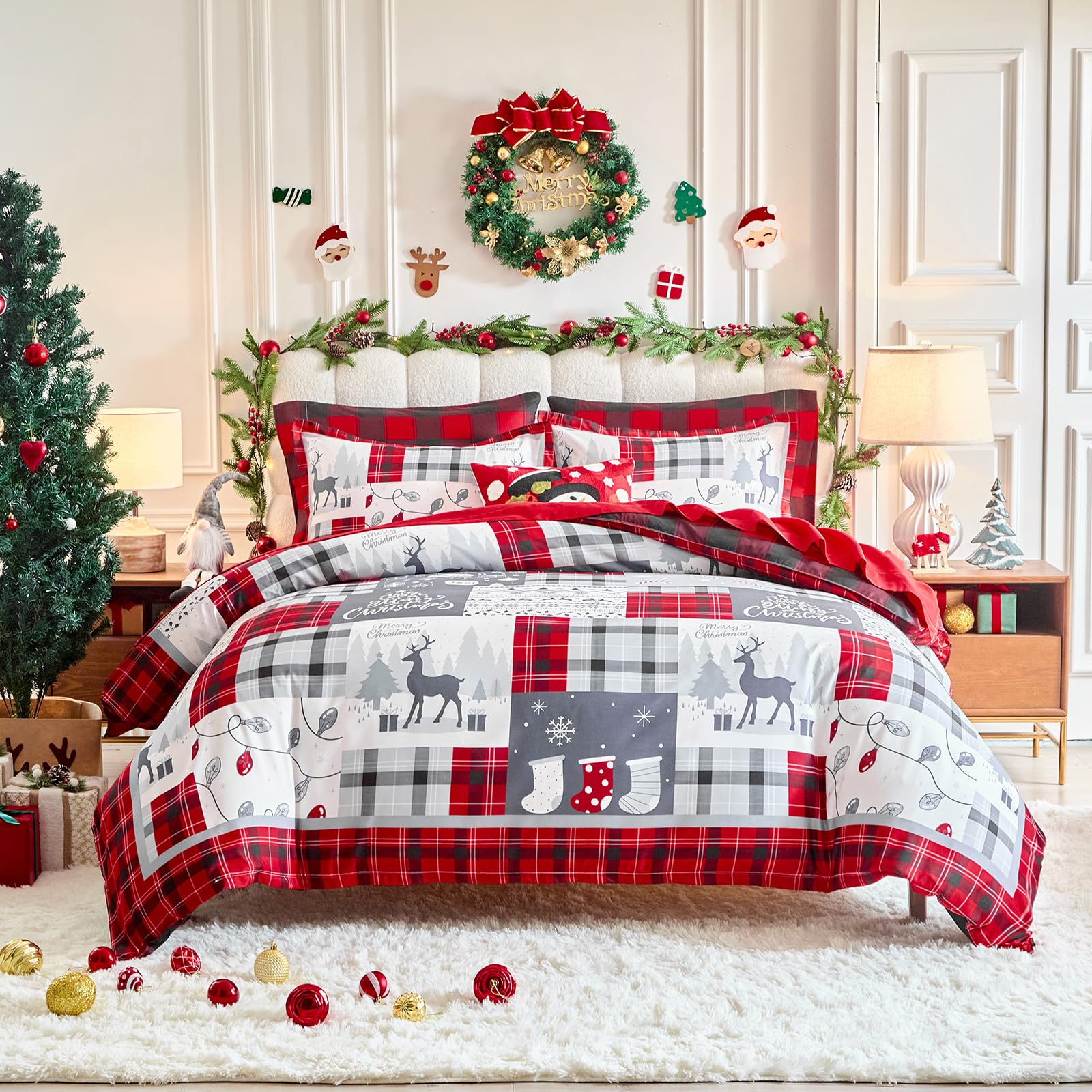 Amazon.com: Red Black Plaid Christmas Duvet Cover Set Queen Size 3 ...