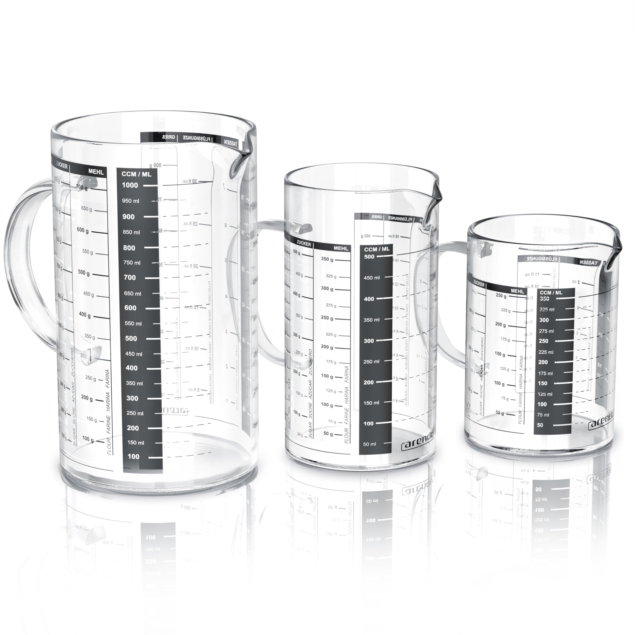 Arendo Set Glass Measuring jugs 350 + 500 ml 1000ml (0,35l 0,5l 1l ...
