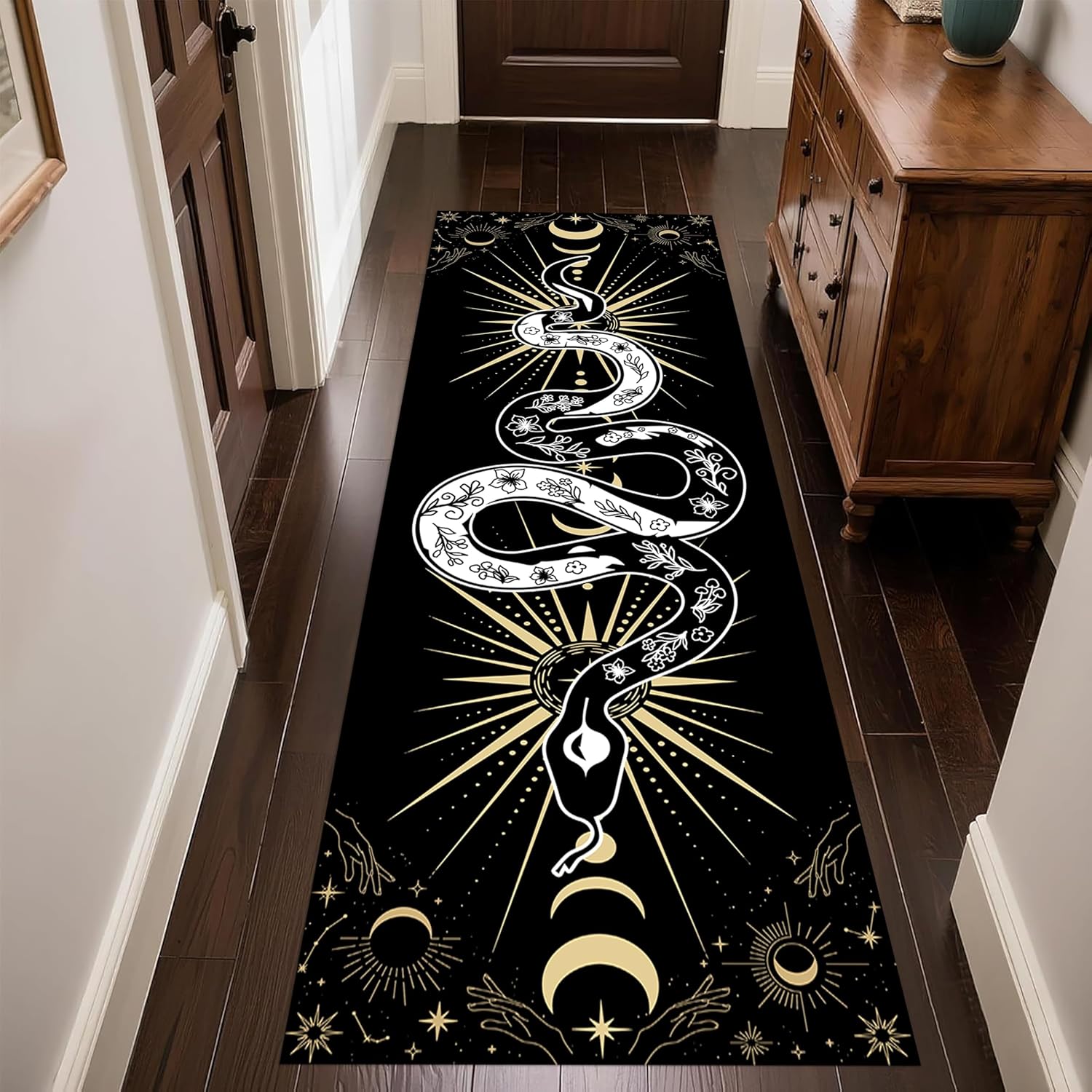 Mystical Snake Runner Rug, 60x180cm, Gold Occult Celestial and Moon ...