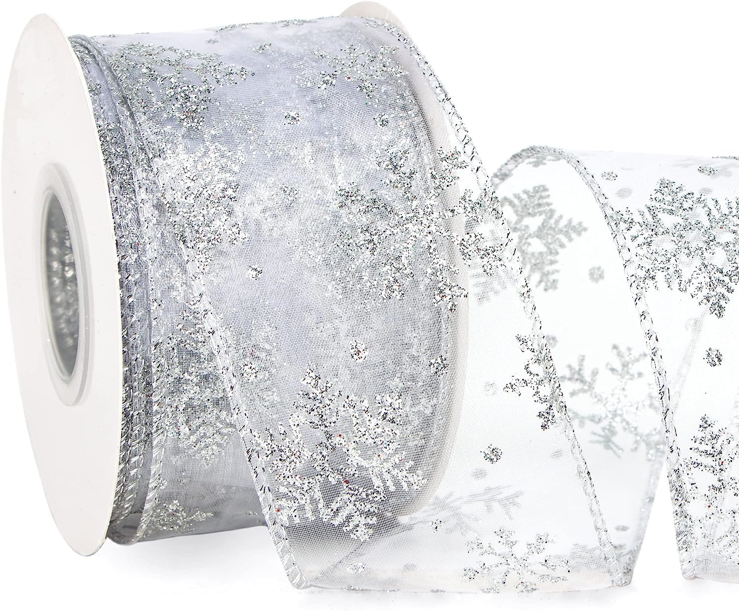 AYGITAL Snowflake Glitter Wired Ribbon, Burgundy Organza Sheer Ribbon ...