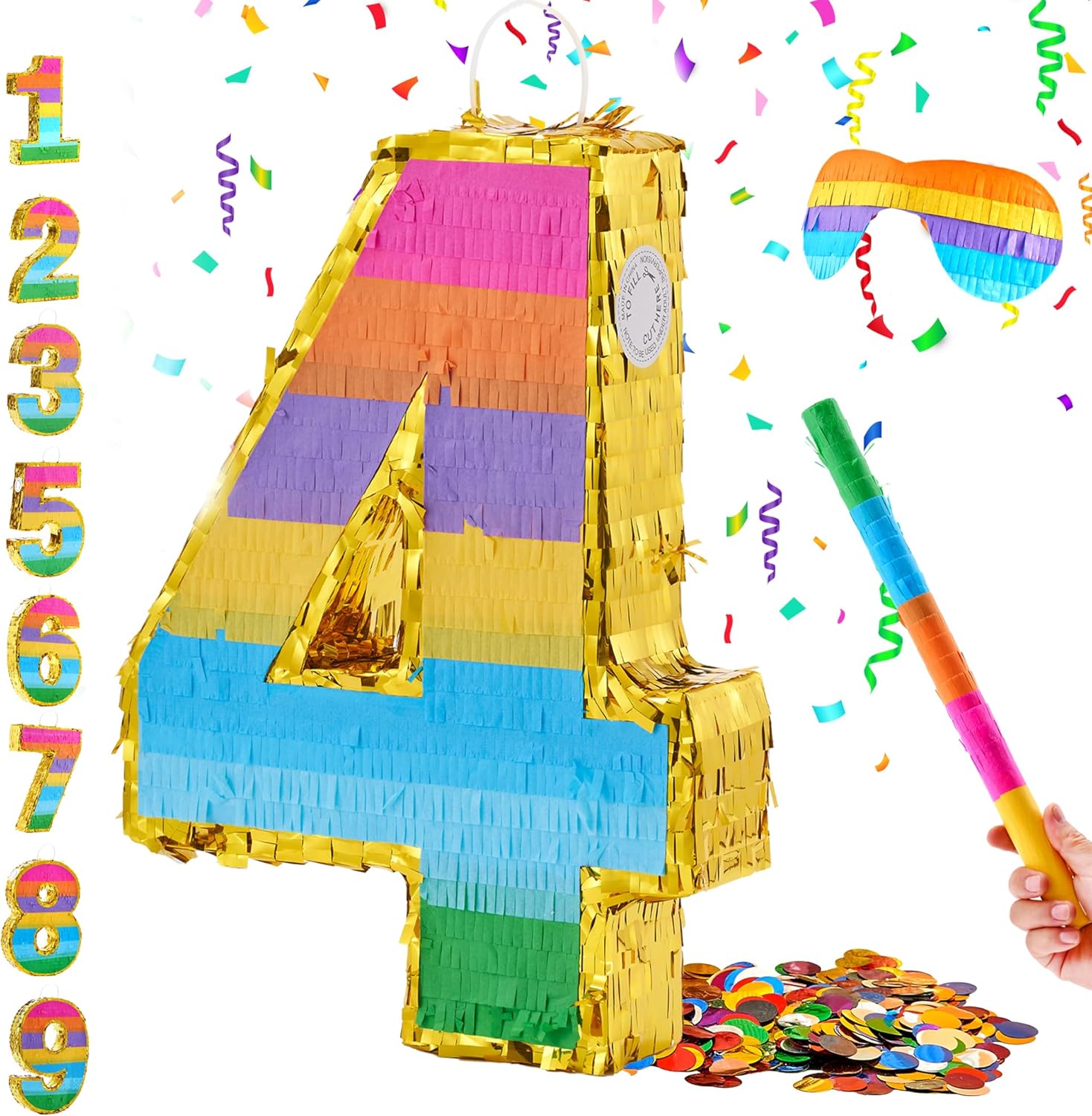 Amazon.com: MUWOOB Rainbow Number 4 Pinata for 4th Birthday Party ...