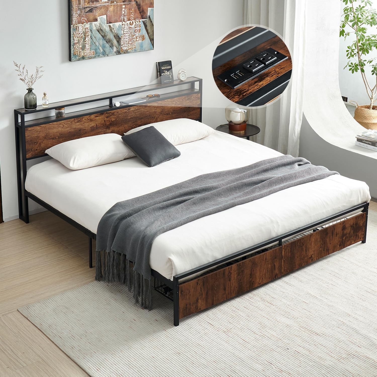 Amazon.com: Virabit King Size Bed Frame with Storage, Metal King Bed ...