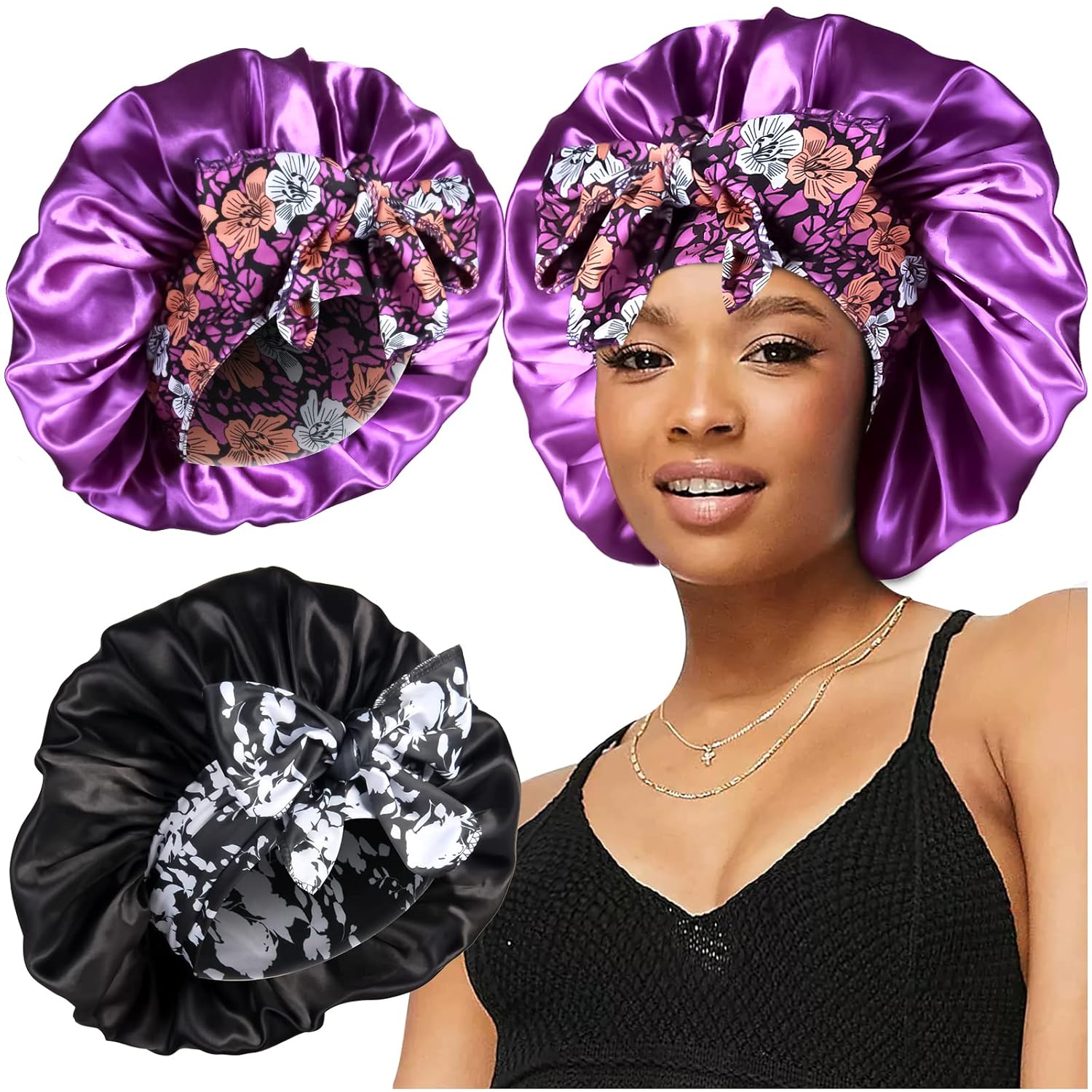 Amazon.com : 2pcs Large Silky bonnets with tie band Braid Bonnet, Satin ...