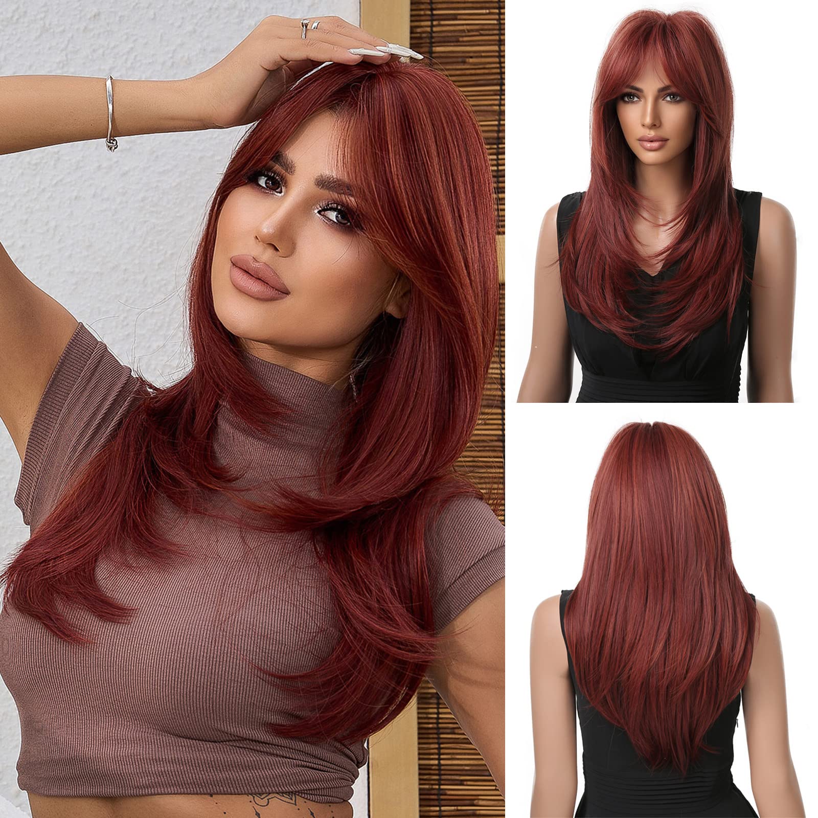 Esmee 20 Inches Long Straight Red Wig Layered Synthetic Hair Wigs for ...
