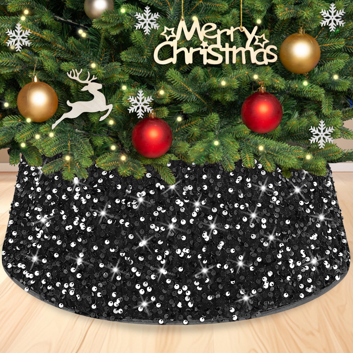 Amazon.com: TPCSCH Black Christmas Tree Collar 28.3 Inch Glitter Xmas ...